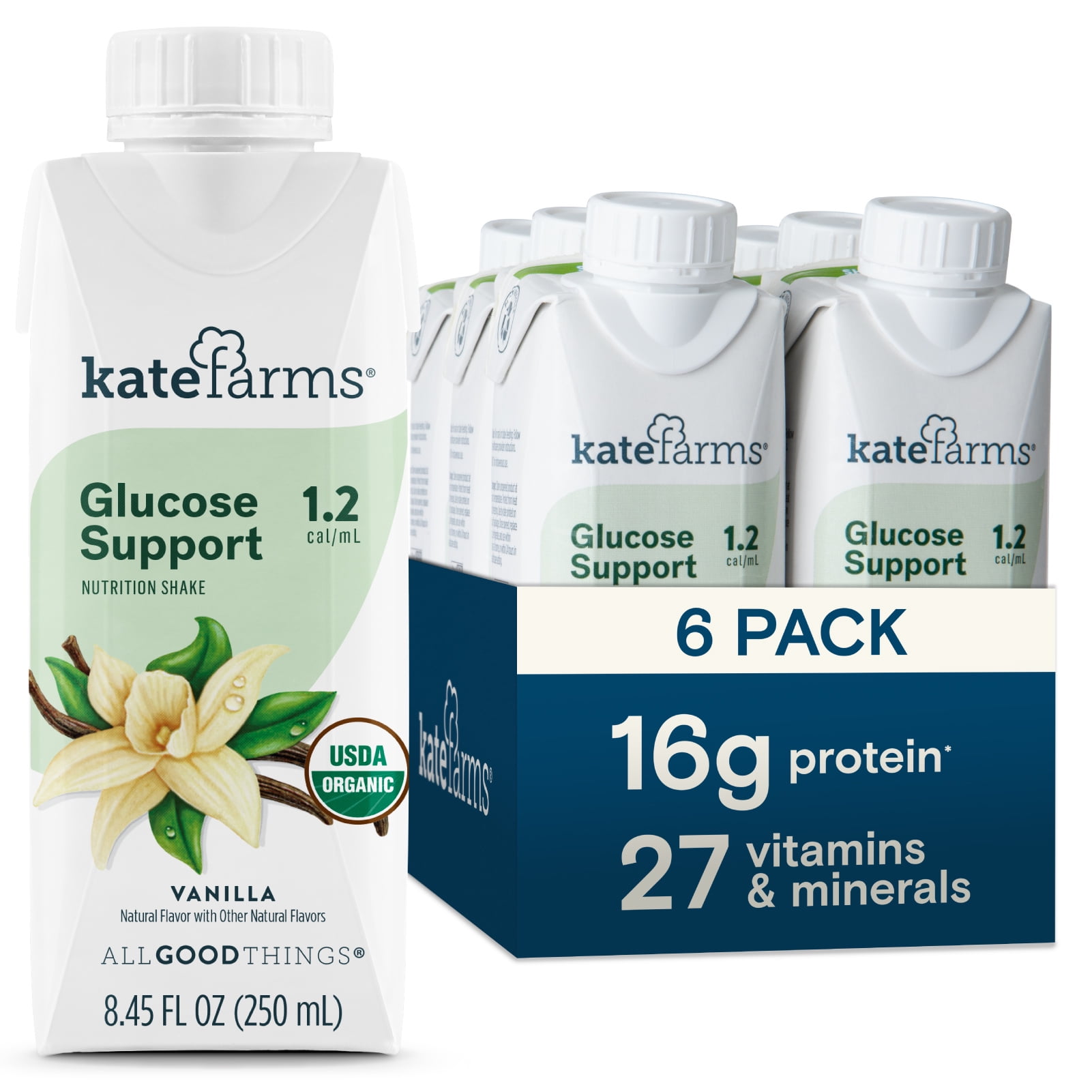 KATE FARMS Organic 1.2 Glucose Support Shake, Vanilla, 16g of Protein ...