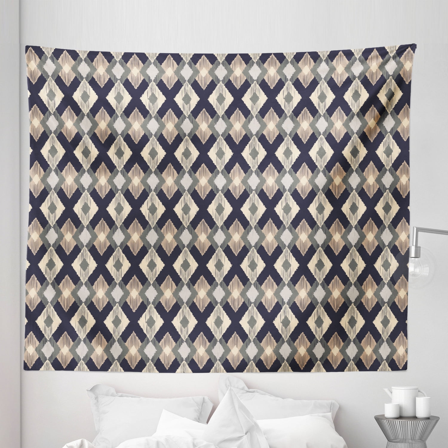 Boho Tapestry, Ikat Style Pattern Geometrical Diamond and Triangles Art ...