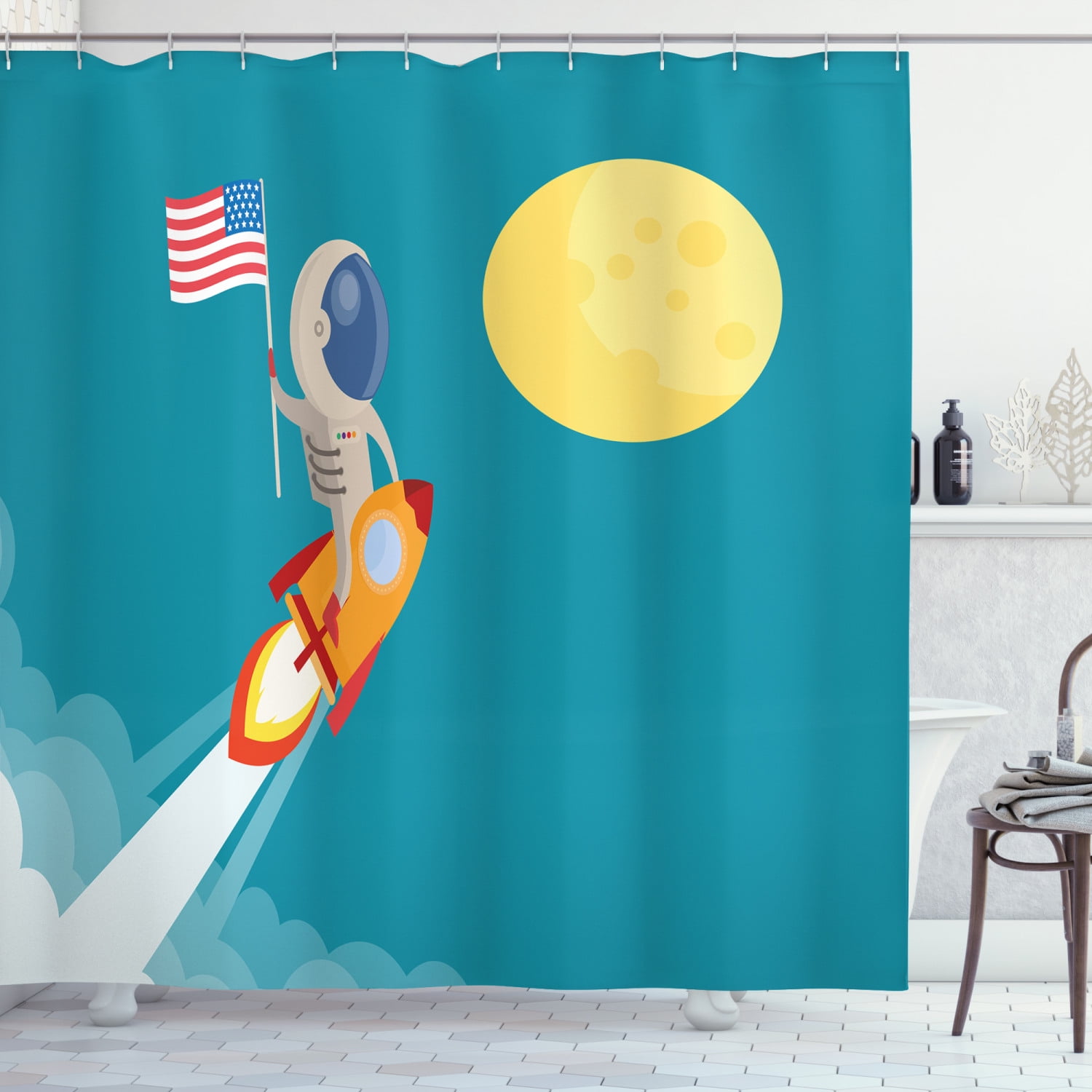 Alien Shower Curtain, Cartoon of American Flag Held by Astronaut Riding ...