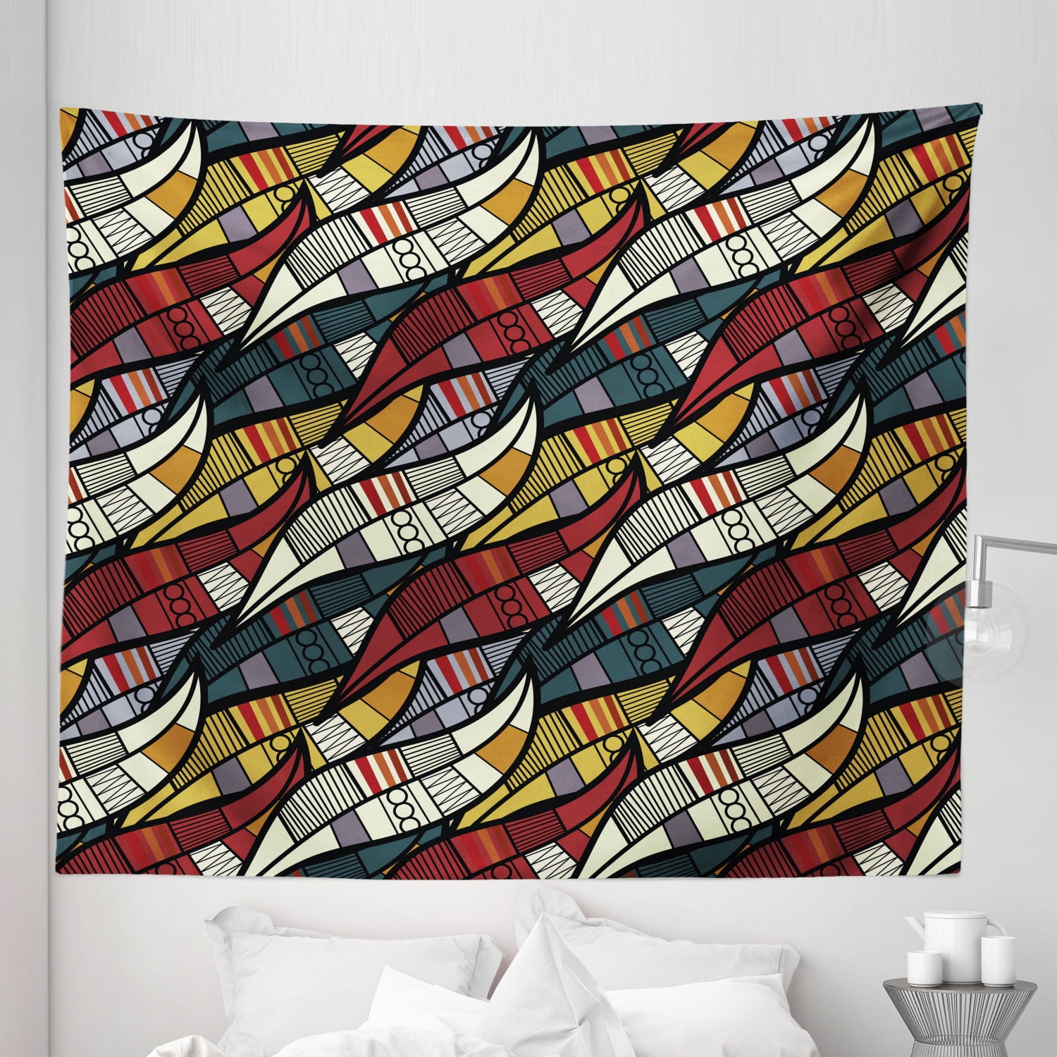 African Tapestry, Diagonal Abstract Leaves with Circles Chevrons Lines ...