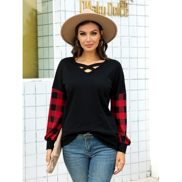 CALIPESSA Womens Fall Buffalo Plaid Color Block Criss Cross Tops Long ...