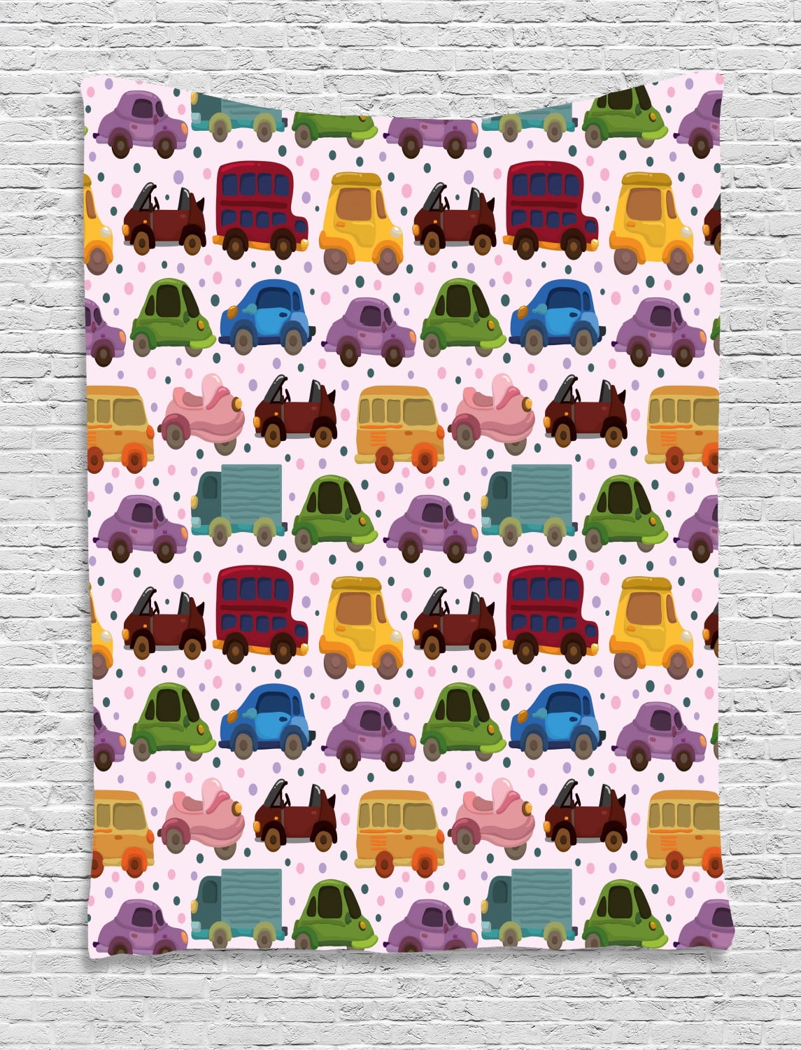 Cars Tapestry, Cute Cartoon Style Vehicles Double Deckers Vans ...