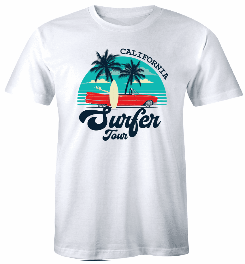 California Surfer Tour T-Shirt Classic Red Convertible Beach Ocean Surf ...