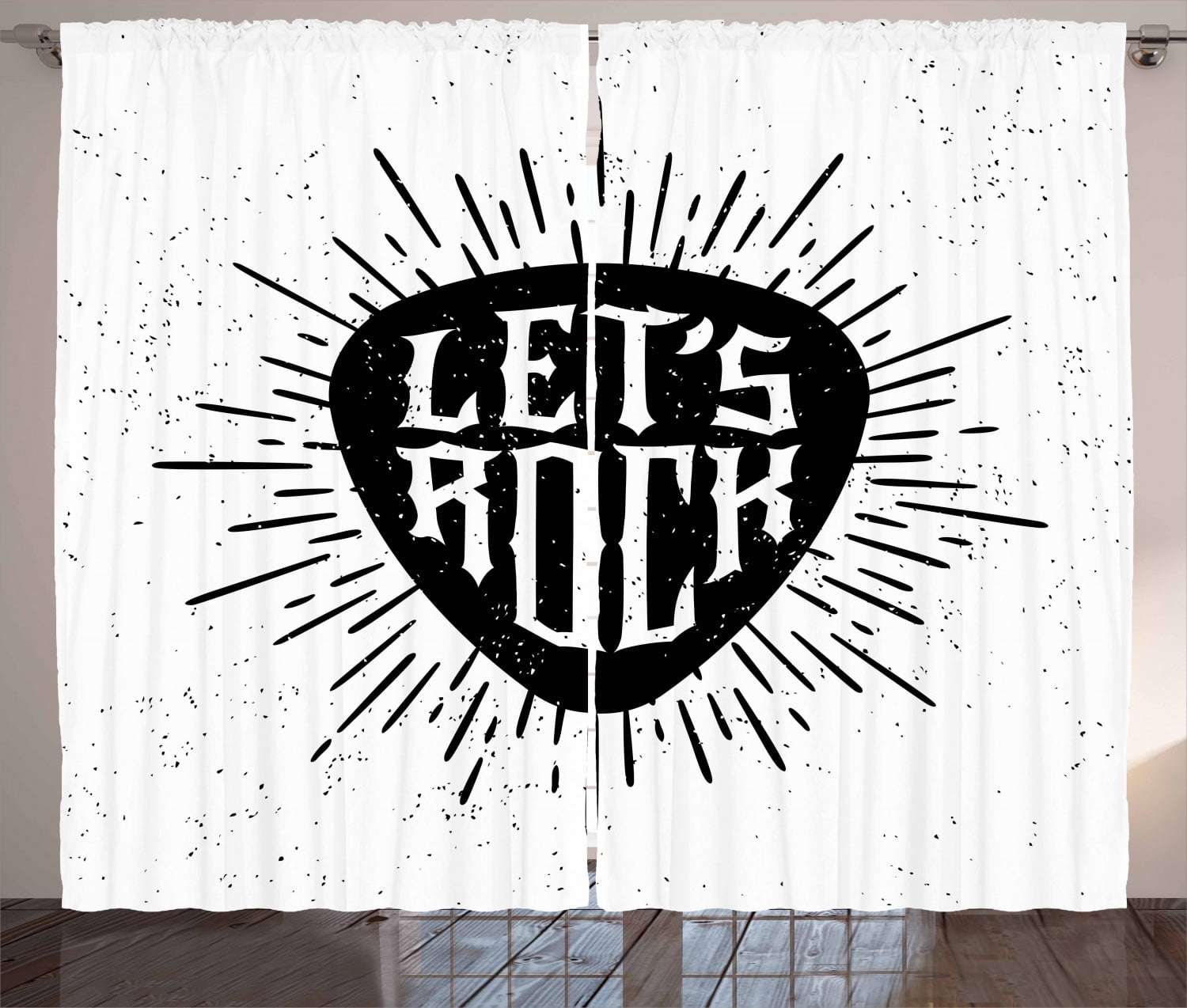 Rock Music Curtains 2 Panels Set, Lets Rock Quote Monochrome ...