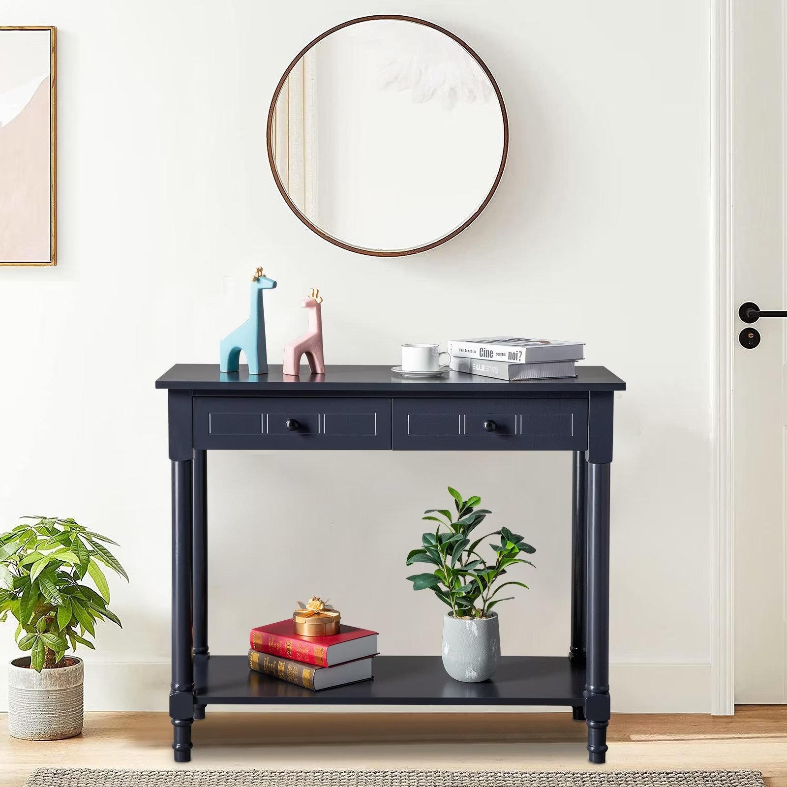 Retro Narrow Console Table with 2 Storage Drawers, Wood Sofa Table with ...