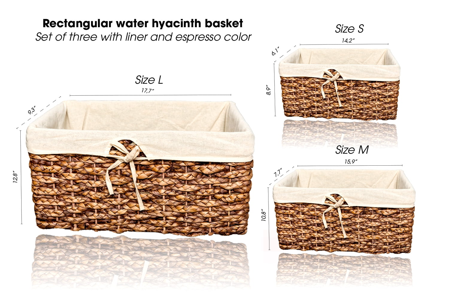 Rectangular water hyacinth basket, set of three with liner and espresso ...