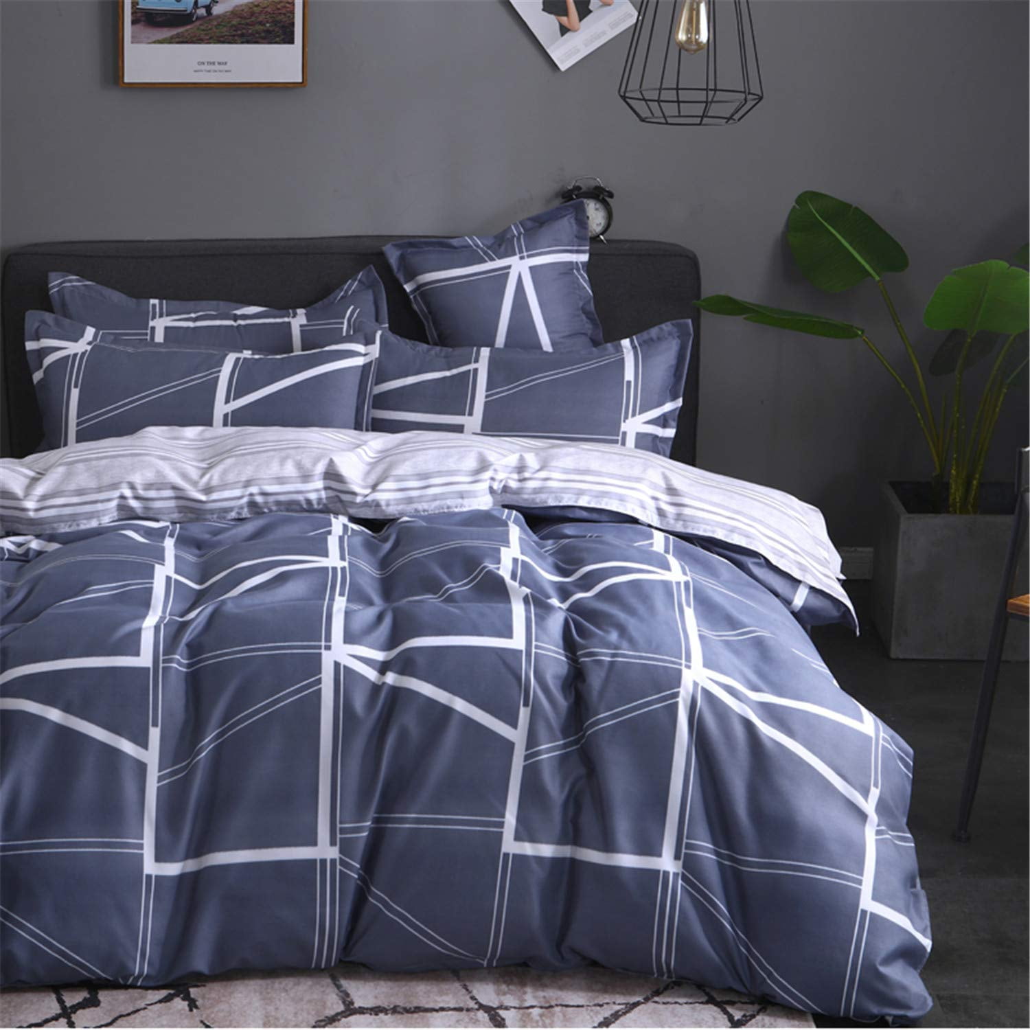 Geometric Duvet Cover Queen,Navy Triangle Plaid White Grid Irregular ...