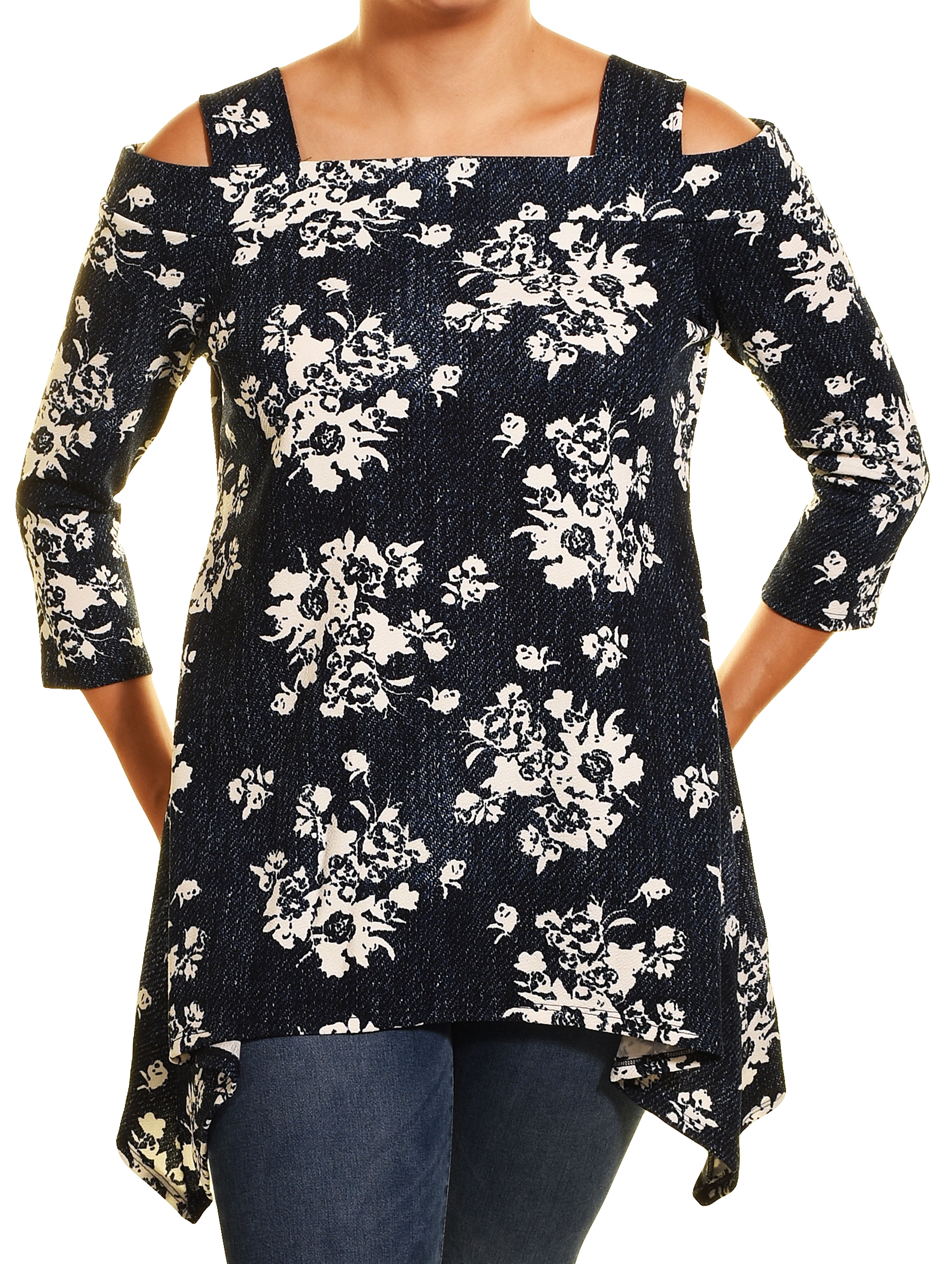 Avital Womens Cold Shoulder Asymmetrical Trapeze Shirt (Blue Faded ...