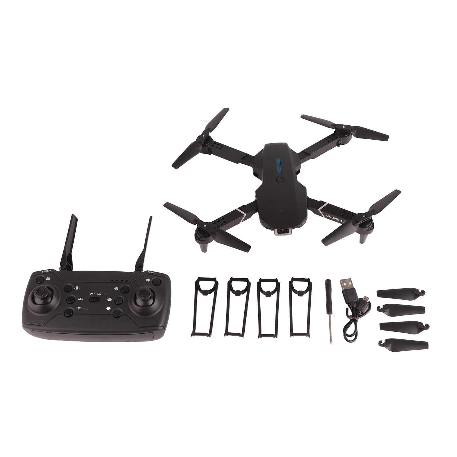 Dron plegable negro con aspas de repuesto, cable USB, control remoto ...
