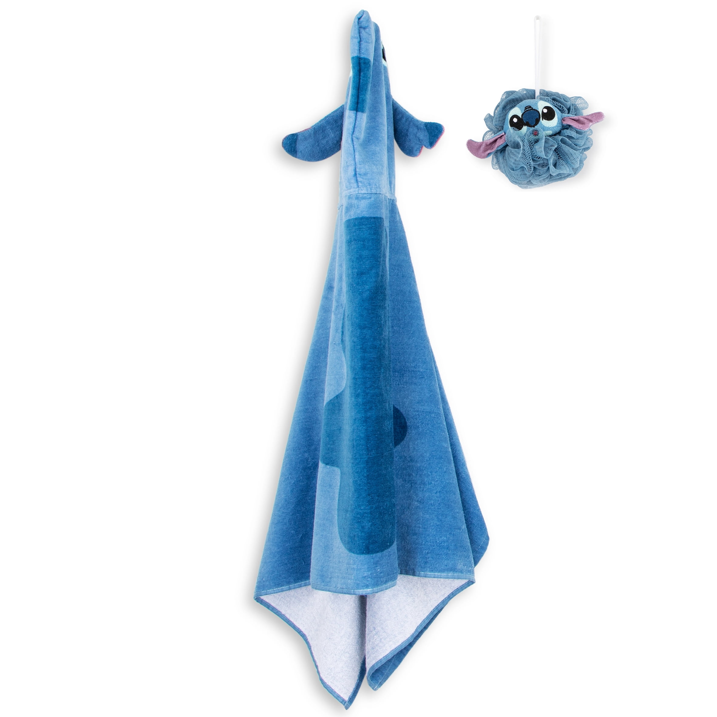 Stitch Kids Hooded Towel and Character Loofah Set, Cotton, Blue, Disney