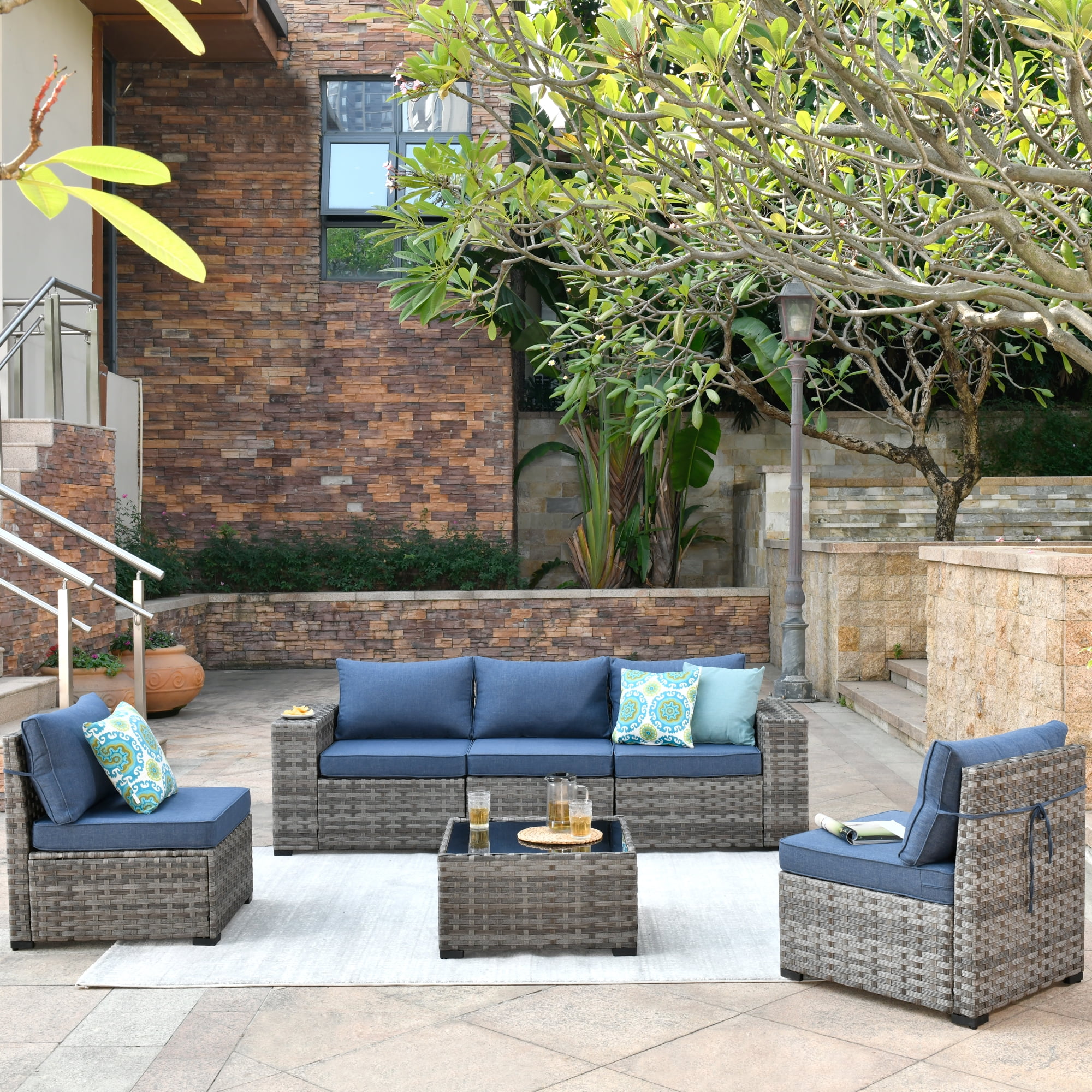 Ovios 6 Piece Outdoor Furniture All Weather Wicker Patio Conversation ...