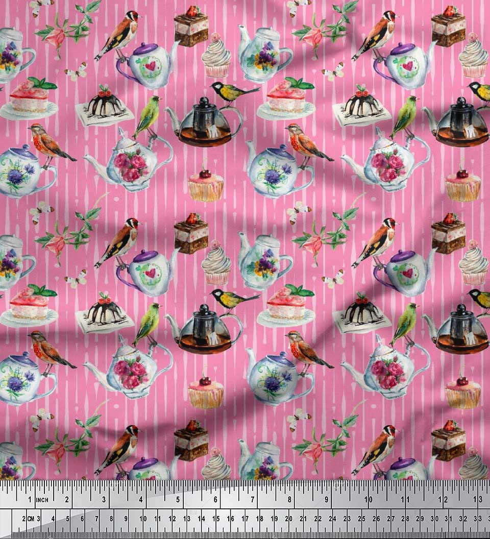 Soimoi Poly Georgette Fabric Bird,Tea Kettle & Cupcake Food Print ...