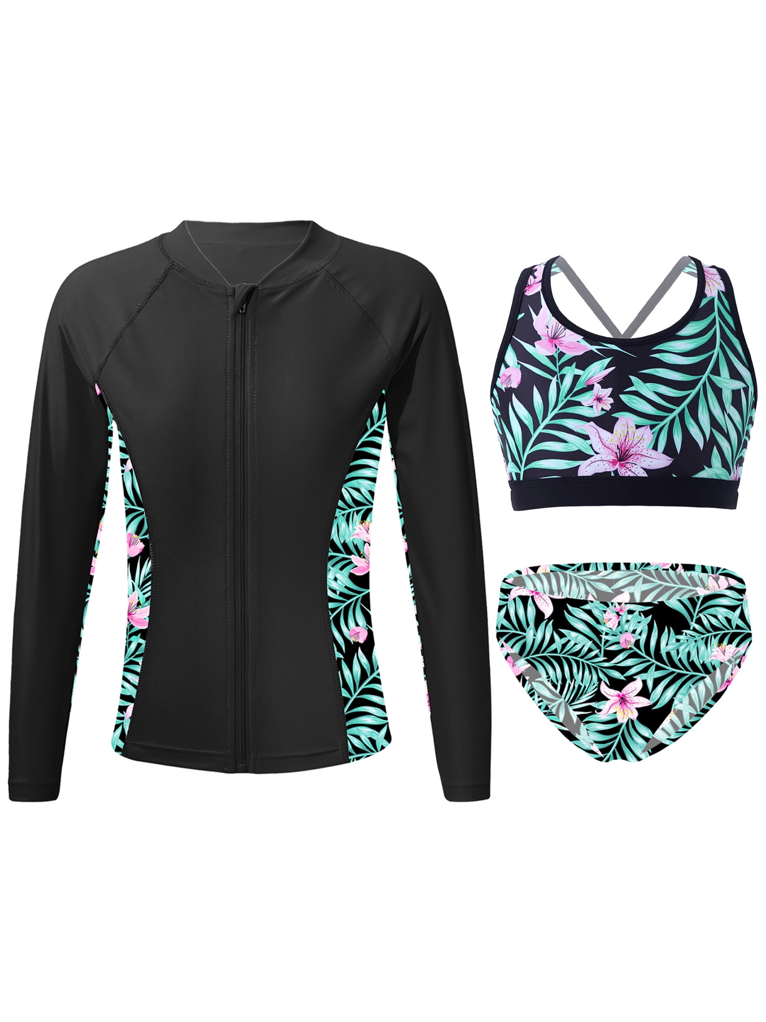 iEFiEL Girls Printed Swimsuit Long Sleeve Swim Tops with Strappy Back ...
