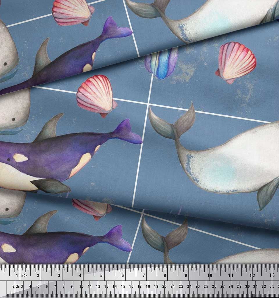 Soimoi Satin Silk Fabric Shell & Whale Fish Ocean Print Sewing Fabric ...