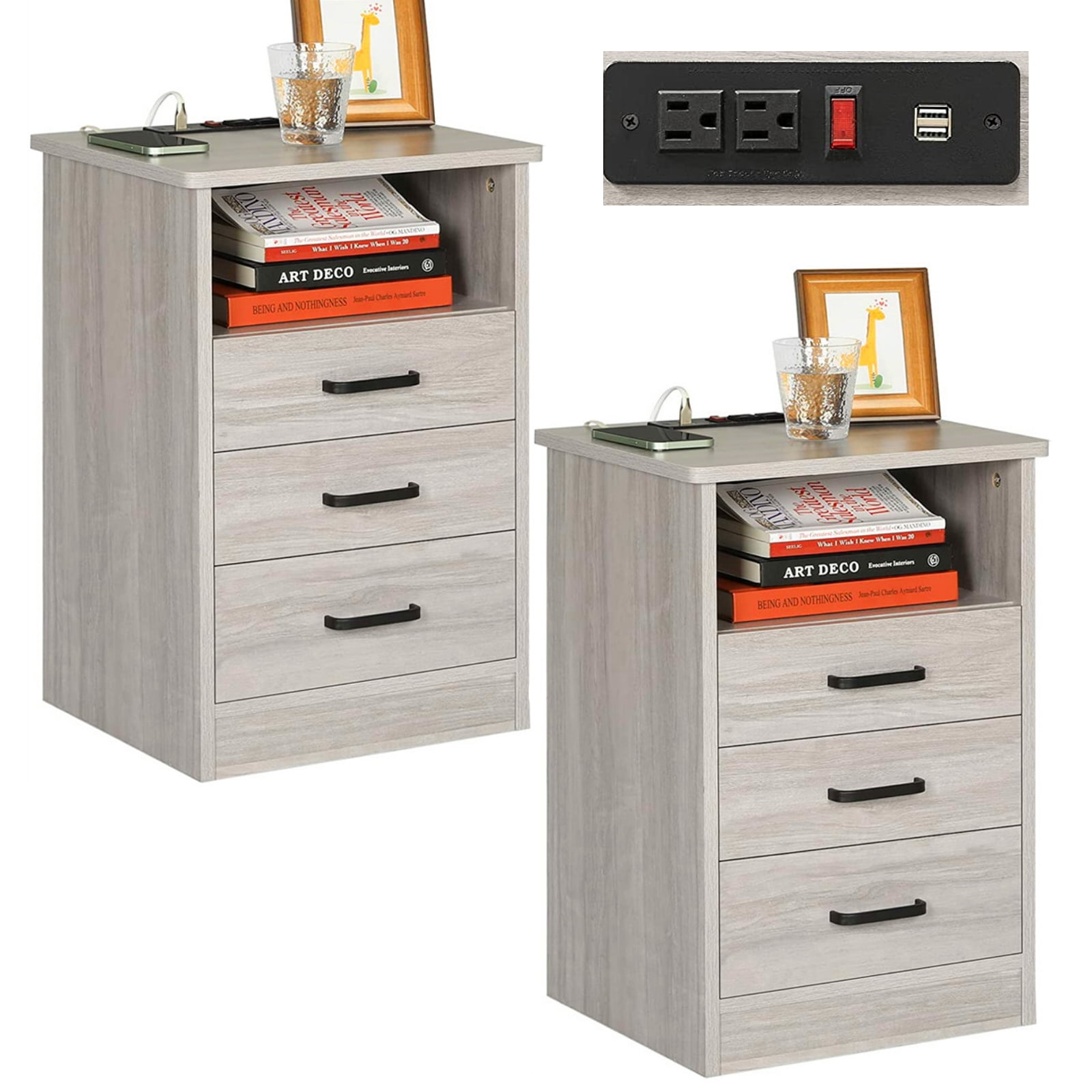 Set of 2 Nightstand Bedside Table with 3 Drawers for Bedroom, End Side ...