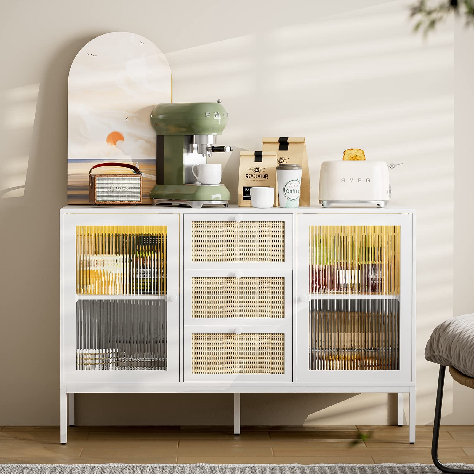 IKIFLY LED Sideboard Buffet Cabinet with 3 Rattan Drawers & 2 Glass ...