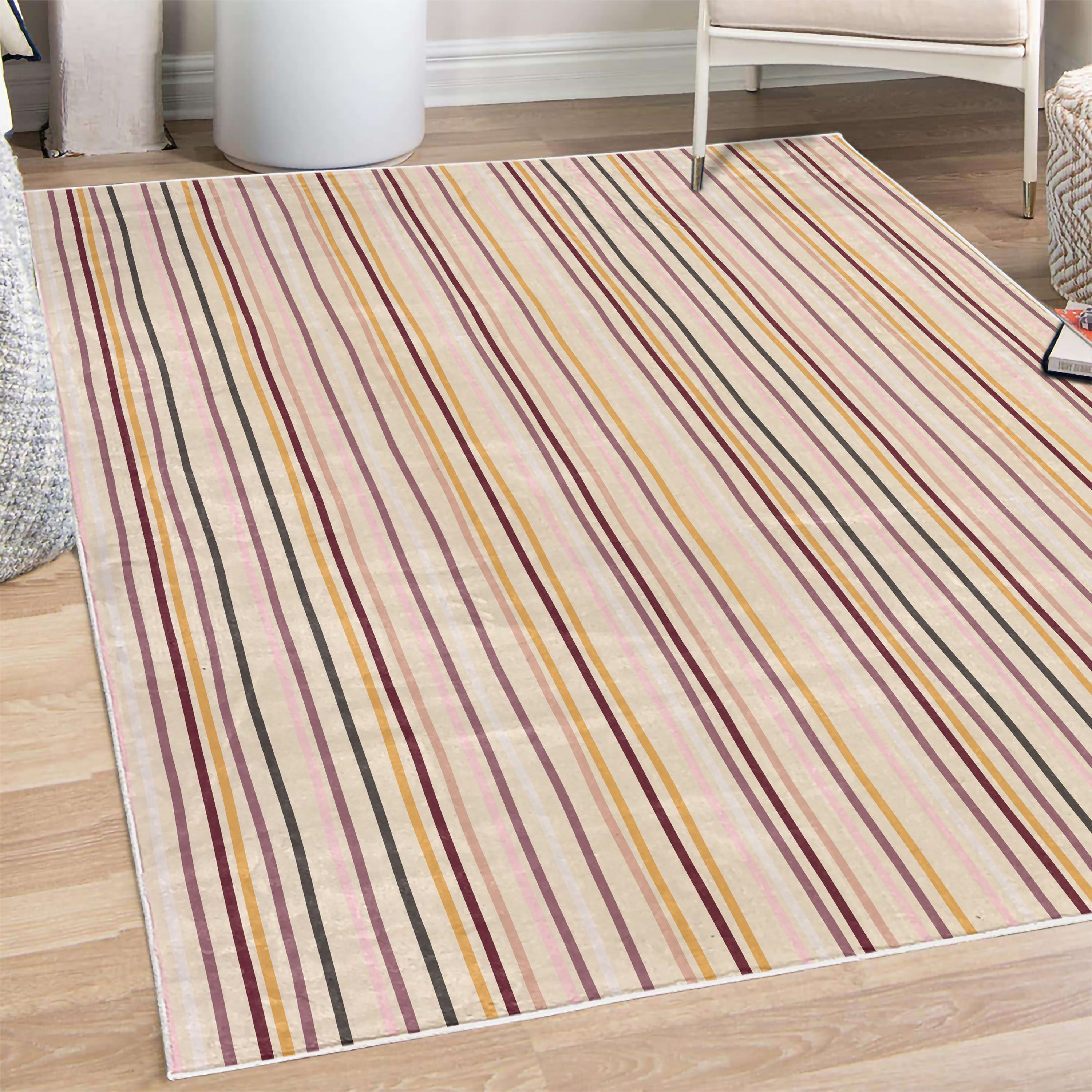 Geometric Decorative Rug, Retro Vertical Bands Wavy Striped Lines Hand ...
