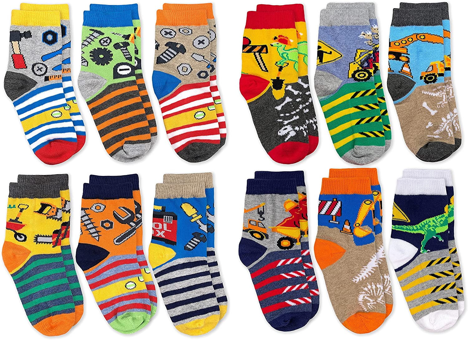 Jefferies Socks Boys Construction Dinosaurs Tools Pattern Variety Crew ...