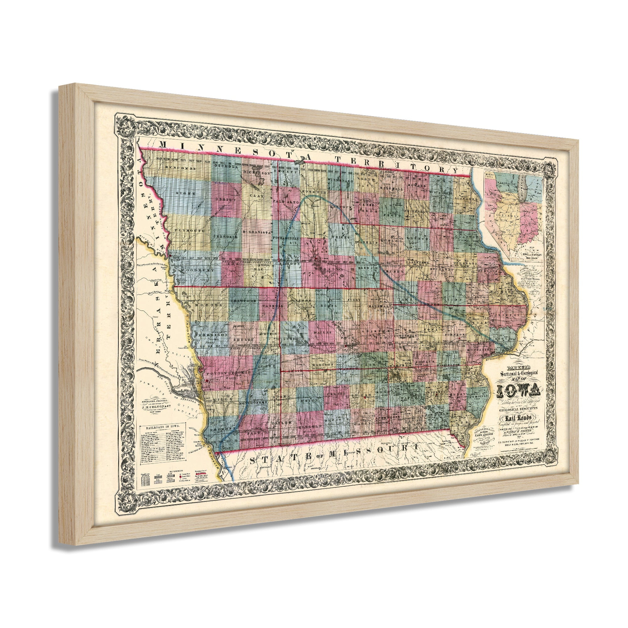 1856 Iowa Map - Framed Vintage Iowa State Map - Old State of Iowa Map ...