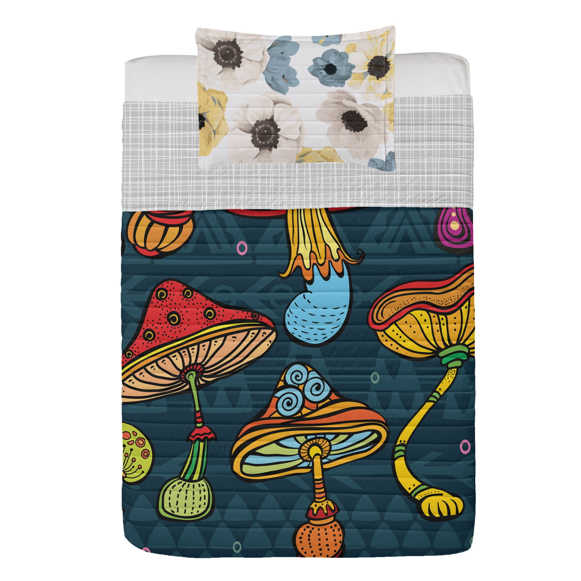 Mushroom Reversible Bedspread Set, Mushrooms Ornate Doodles Swirls Eyes ...