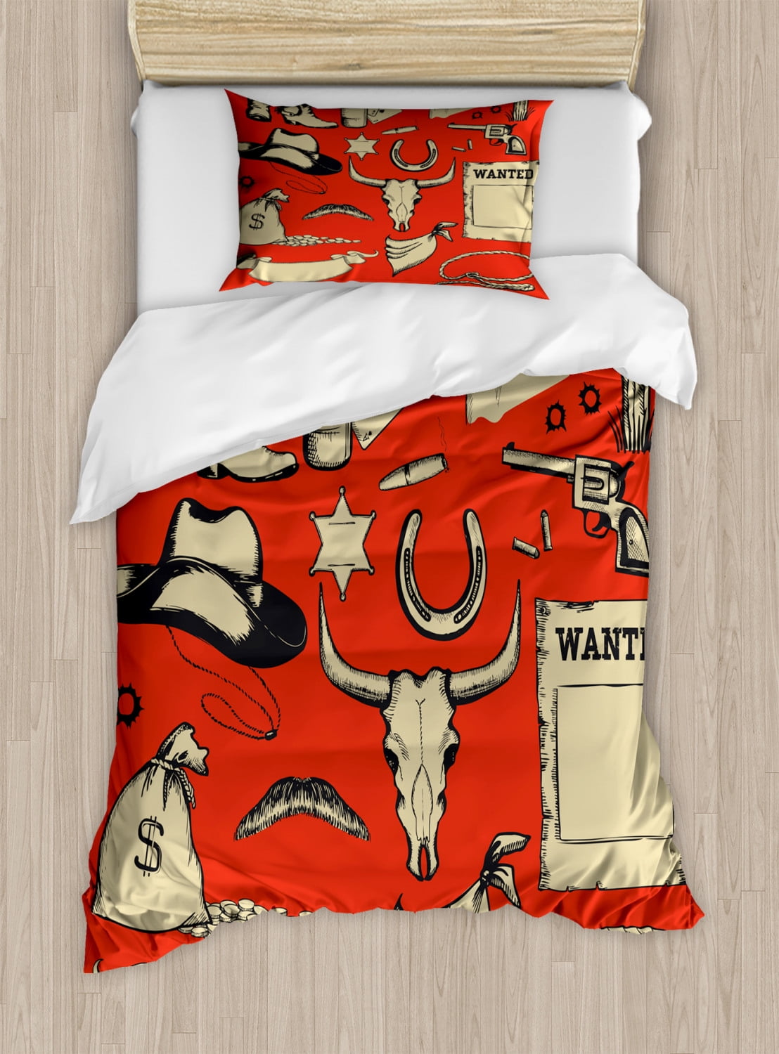 Rodeo Duvet Cover Set Twin Size, Wanted Sign with Old West Objects ...