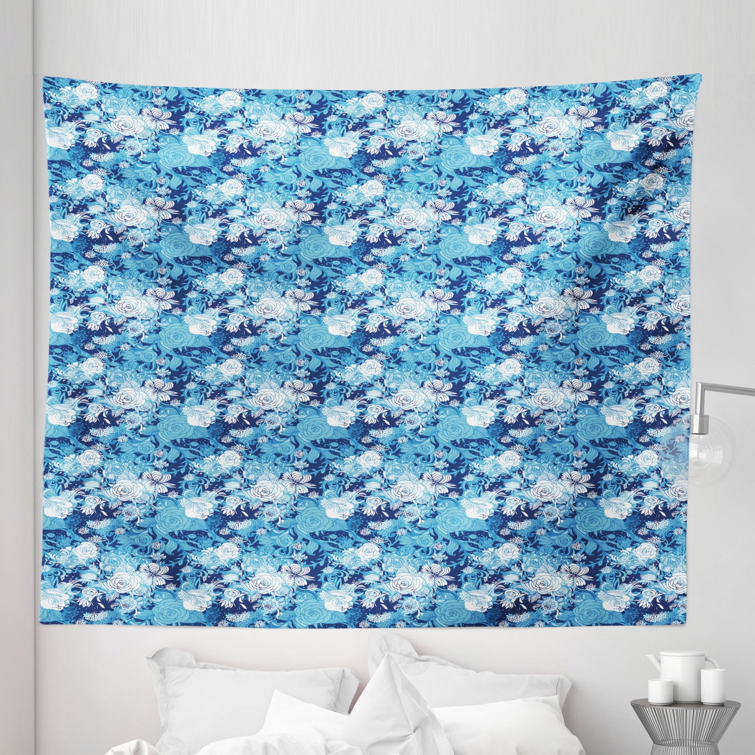 Flower Tapestry, Continuous Pattern of Blue Color Palette Roses, Fabric ...