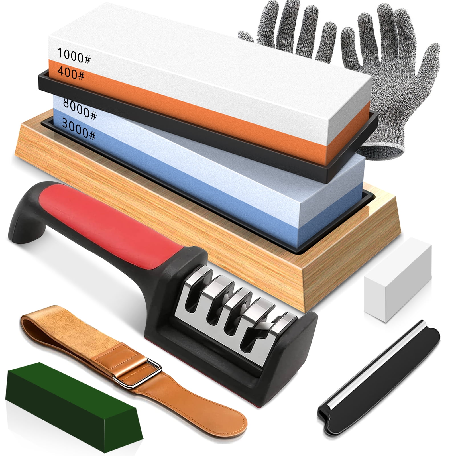 Knife Sharpening Stone Set, 4 Side Grit 400/1000 3000/8000 Whetstone ...