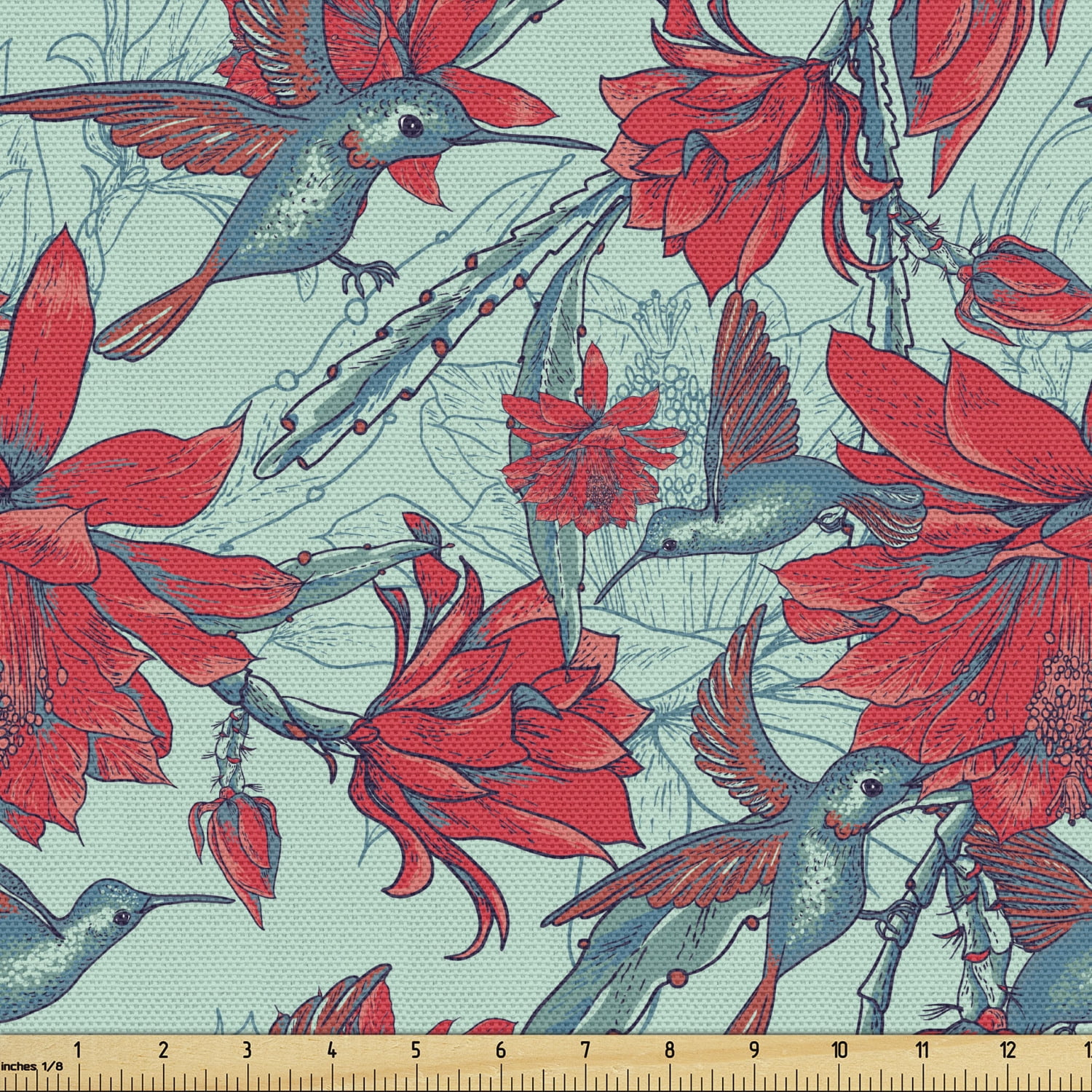 Bird Fabric by the Yard, Animals Flying Among Flowering Tree Branches ...