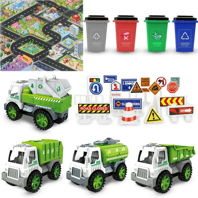 SNNROO Small Garbage Truck Toy, 4 pcs Friction Powered Trash Truck Toys ...