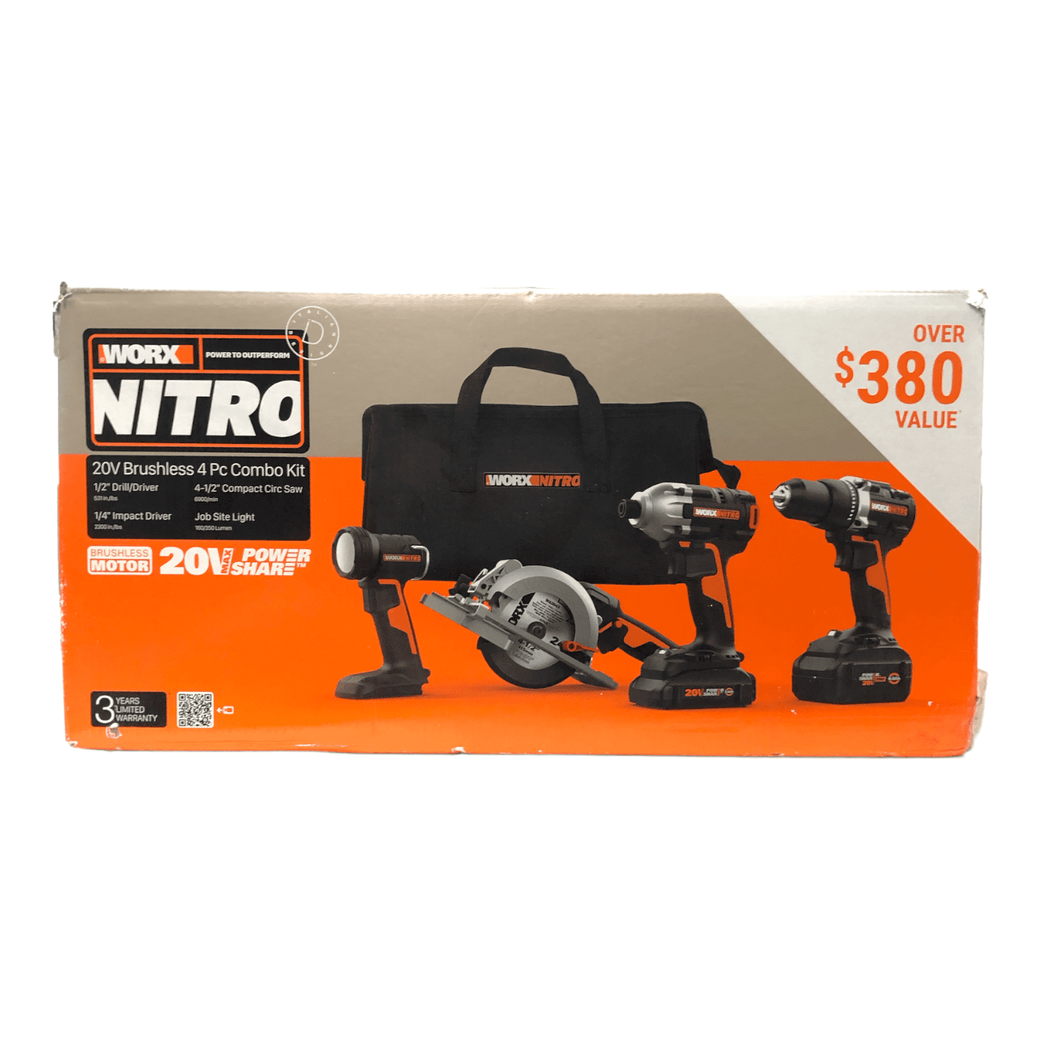 WORX NITRO 20V Brushless 4-Tool Combo Kit (Impact, Drill, Circ Saw ...