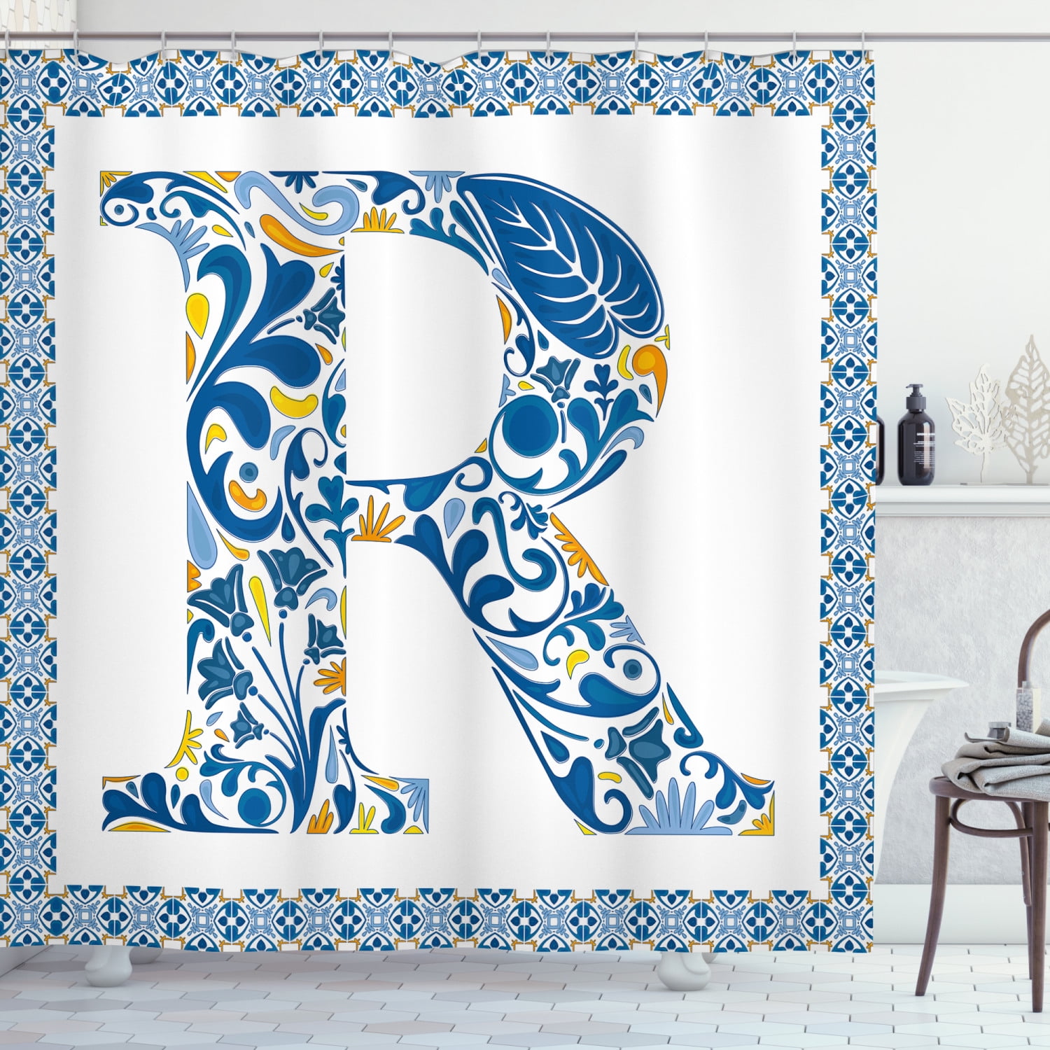Ambesonne Letter R Shower Curtain, Curly Blossoms Vintage, 69"Wx75"L ...