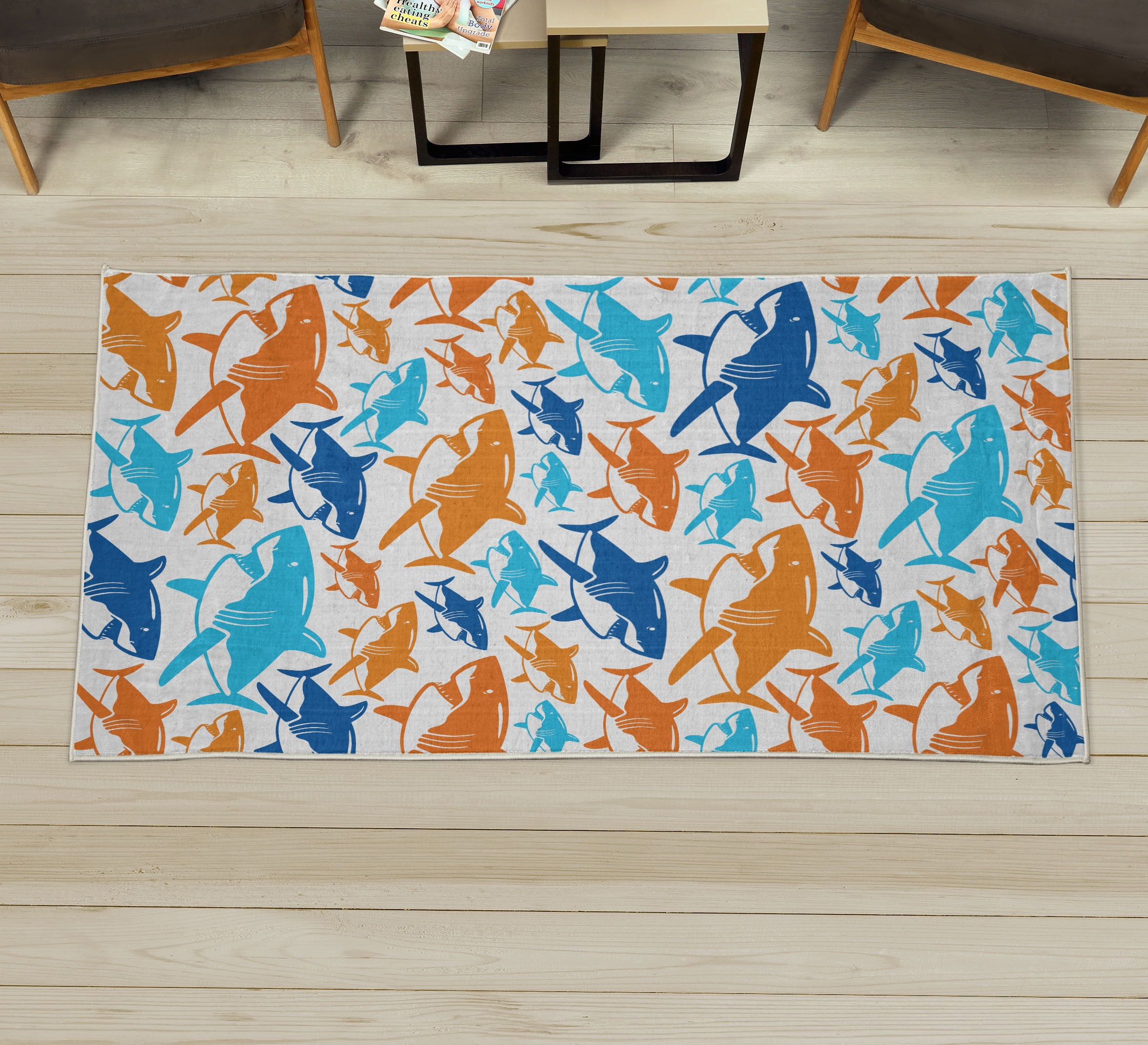 Shark Decorative Rug, Colorful Underwater Fish Pattern Masters Survival ...