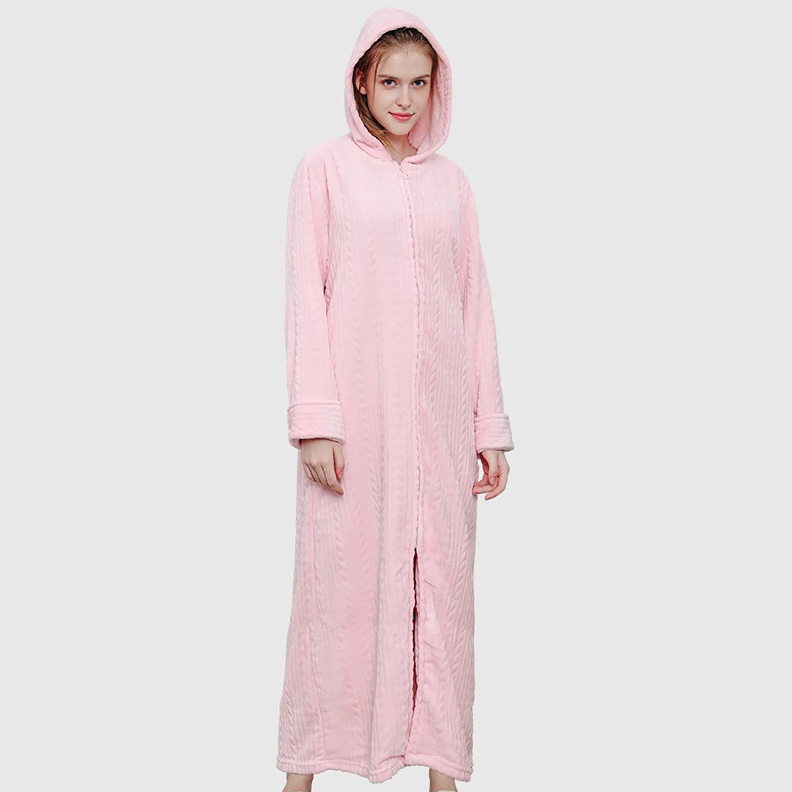Miqool Womens Housecoat Zip Robe Plus Size Winter Hooded Bathrobe Coral ...
