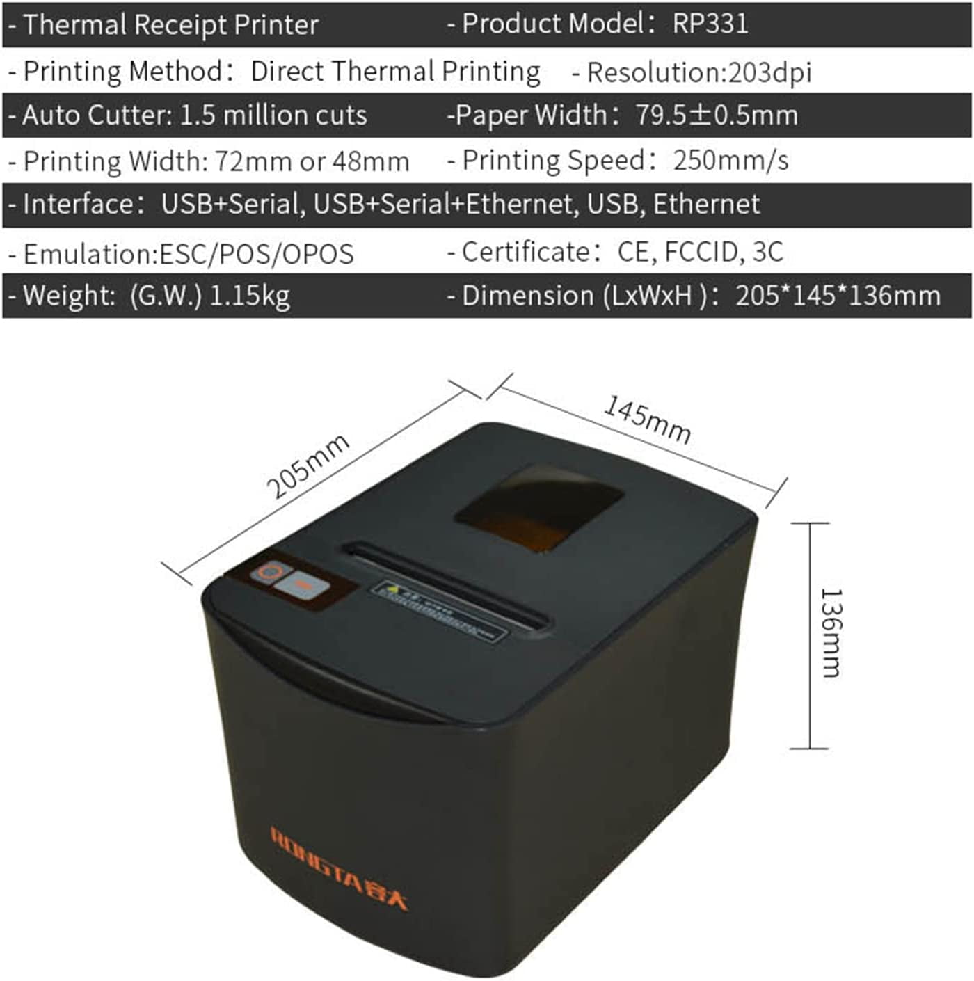 Buy FSXUOLIPI 80mm Direct Thermal Receipt Printer, Restaurant Kitchen ...