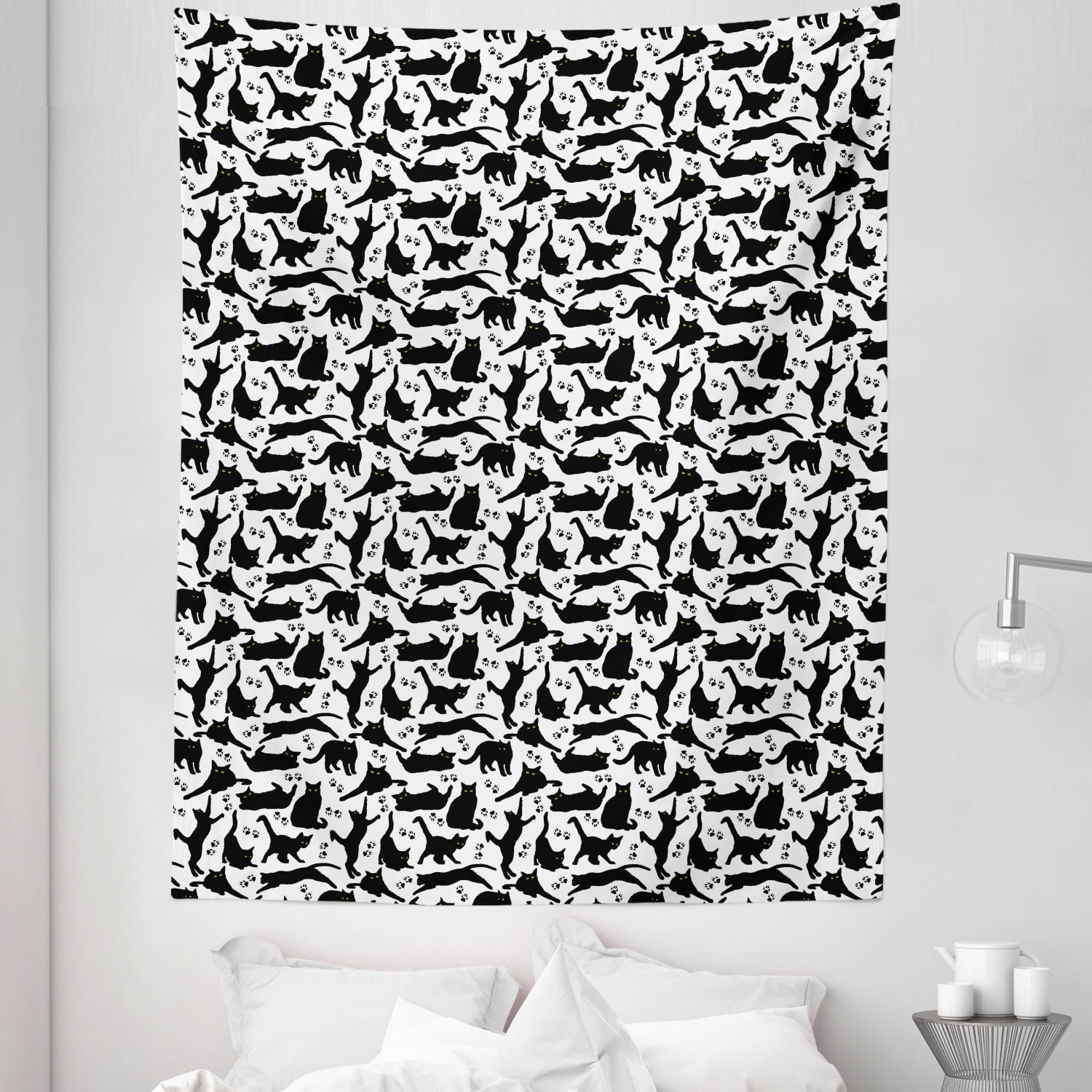 Cat Tapestry, Cats Yellow Eyes in Different Positions Paw Traces ...