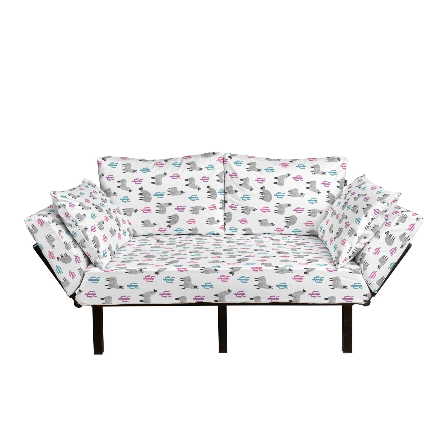 Exotic Futon Couch, Pattern with Llama Animal and Colorful Cactus Wild ...