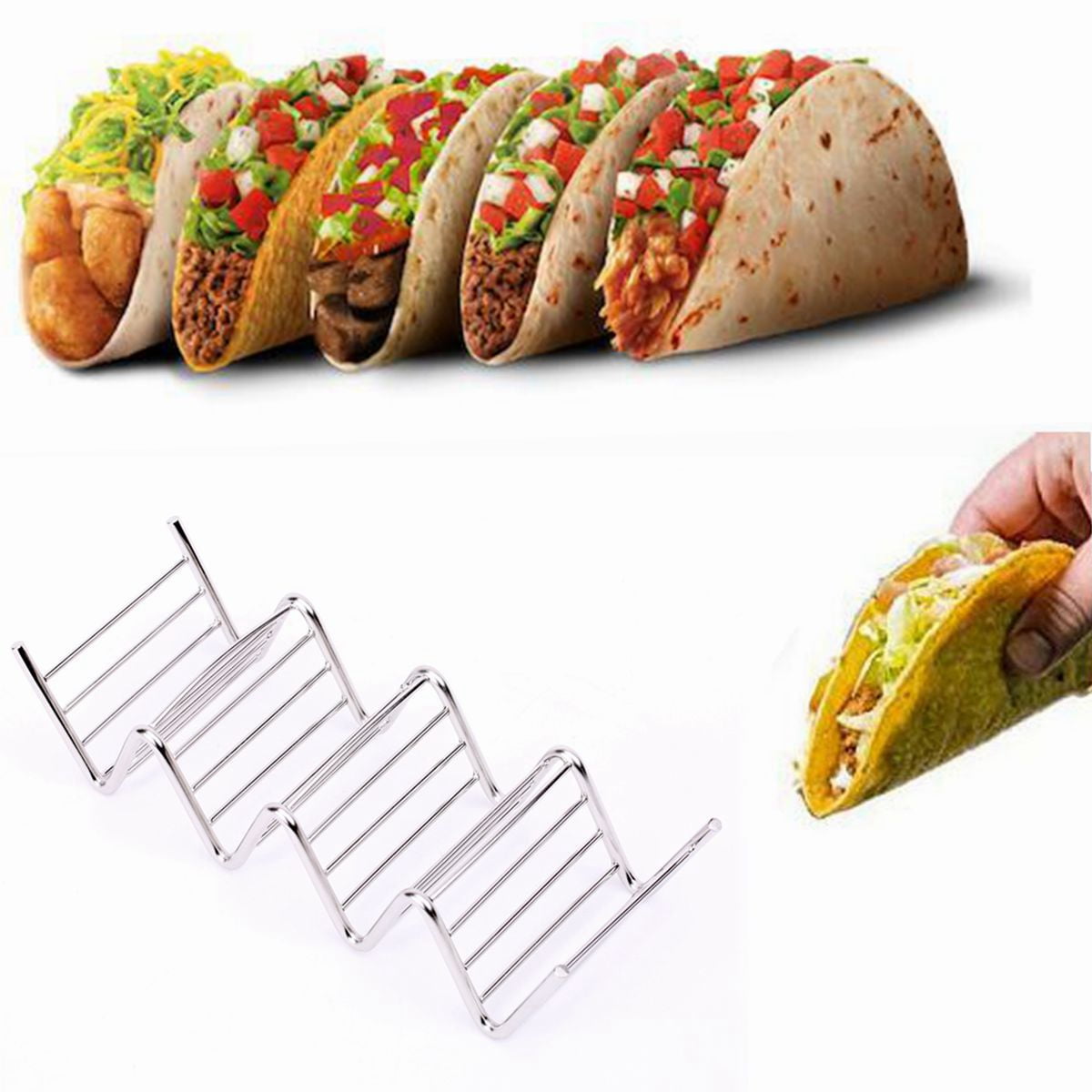 4 Hard Shells Wave Shape Stainless Steel Taco Stand Up Holders Mexican ...