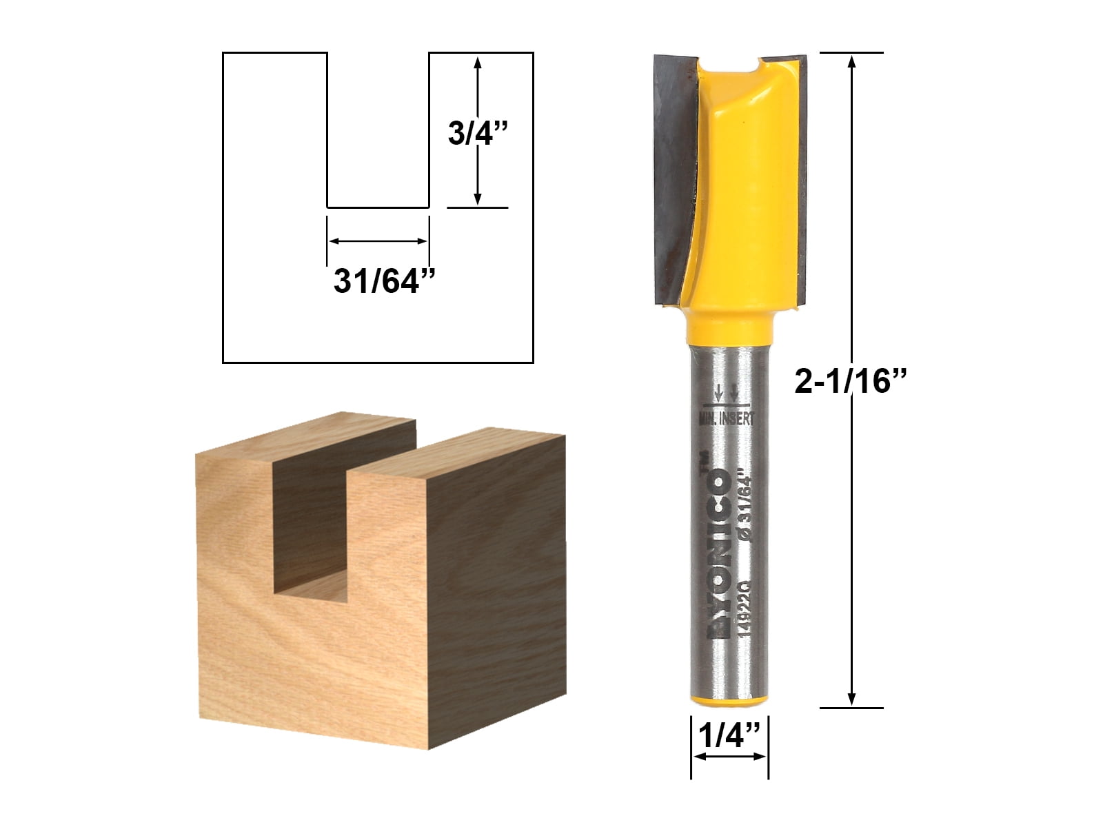 Yonico Undersized Plywood Straight Dado Router Bit - 31/64" Dia. X 3/4 ...
