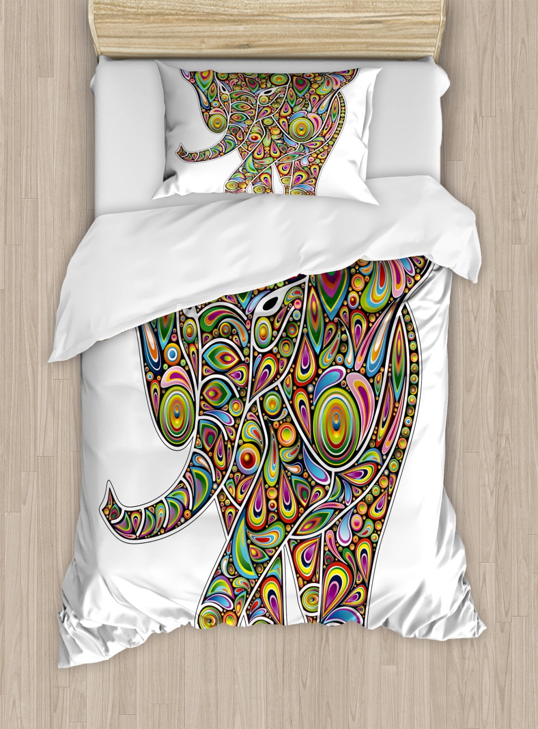 Psychedelic Twin Size Duvet Cover Set, Large Eastern Elephant Figure ...