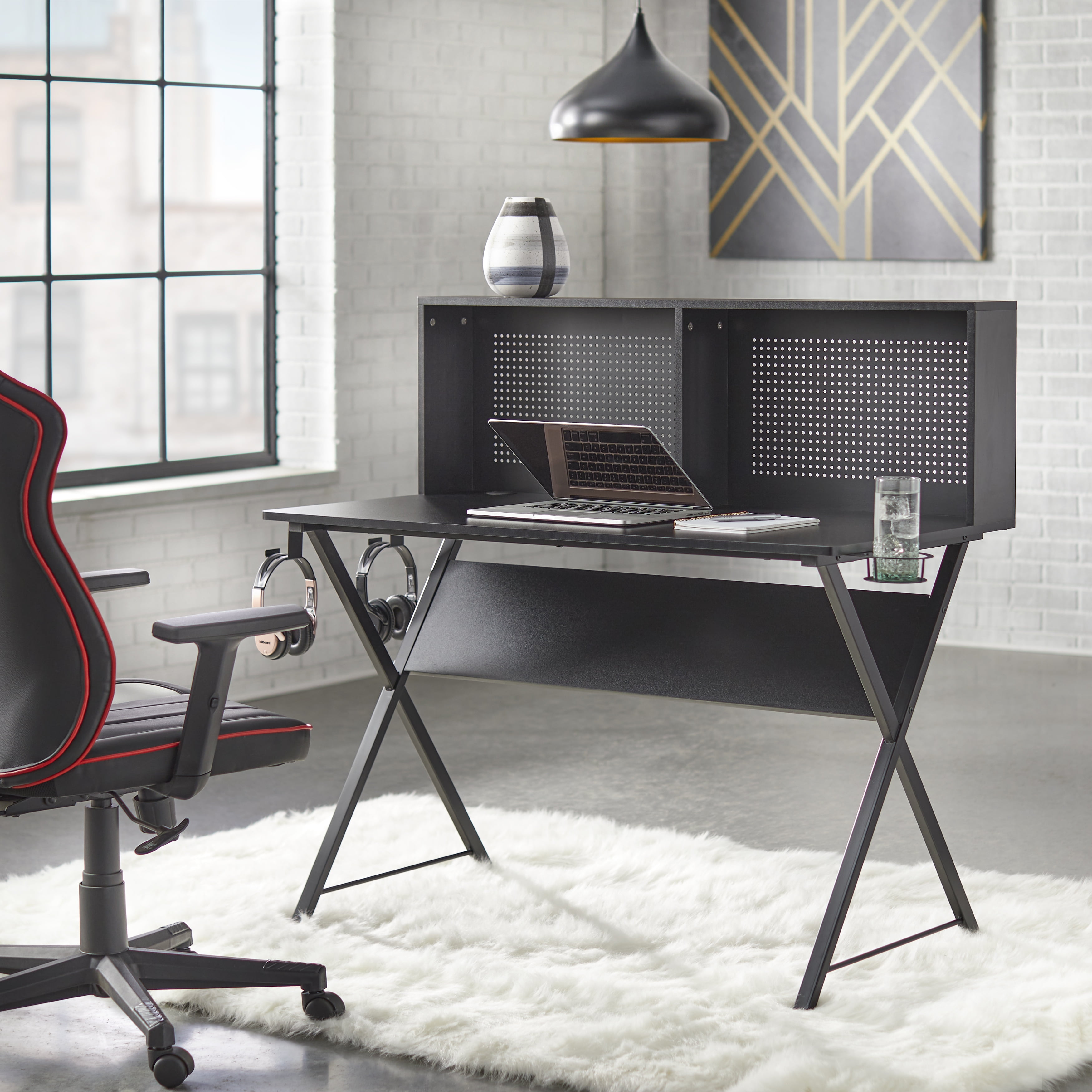 TMS Willmore Computer Desk with Hooks and Organizing Panel, Black ...