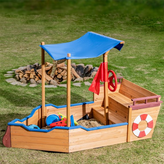 Gymax Kids Pirate Boat Sandbox Play Set - Large Wooden Box Sandpit with ...