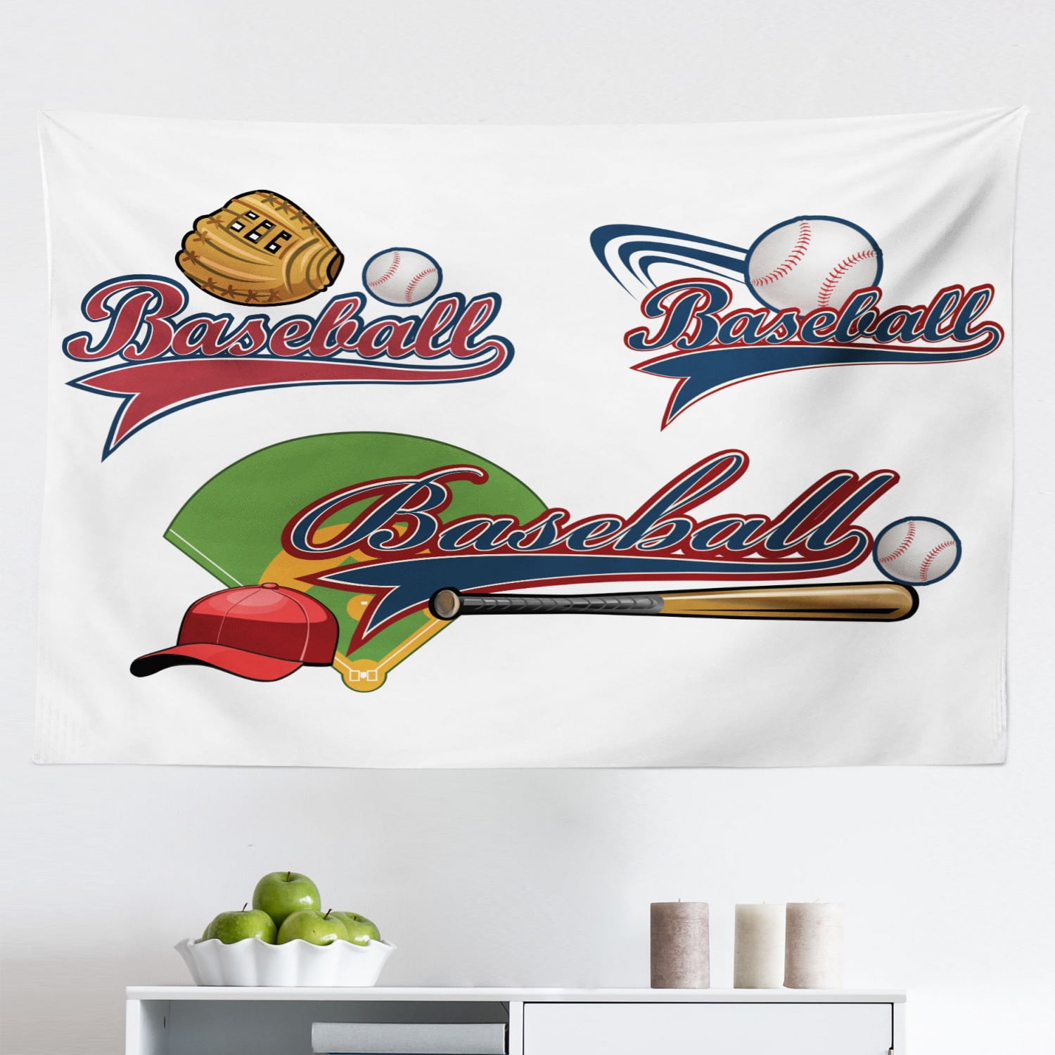 Sports Tapestry, Baseball Patterns on Vertical Striped Background Stars ...