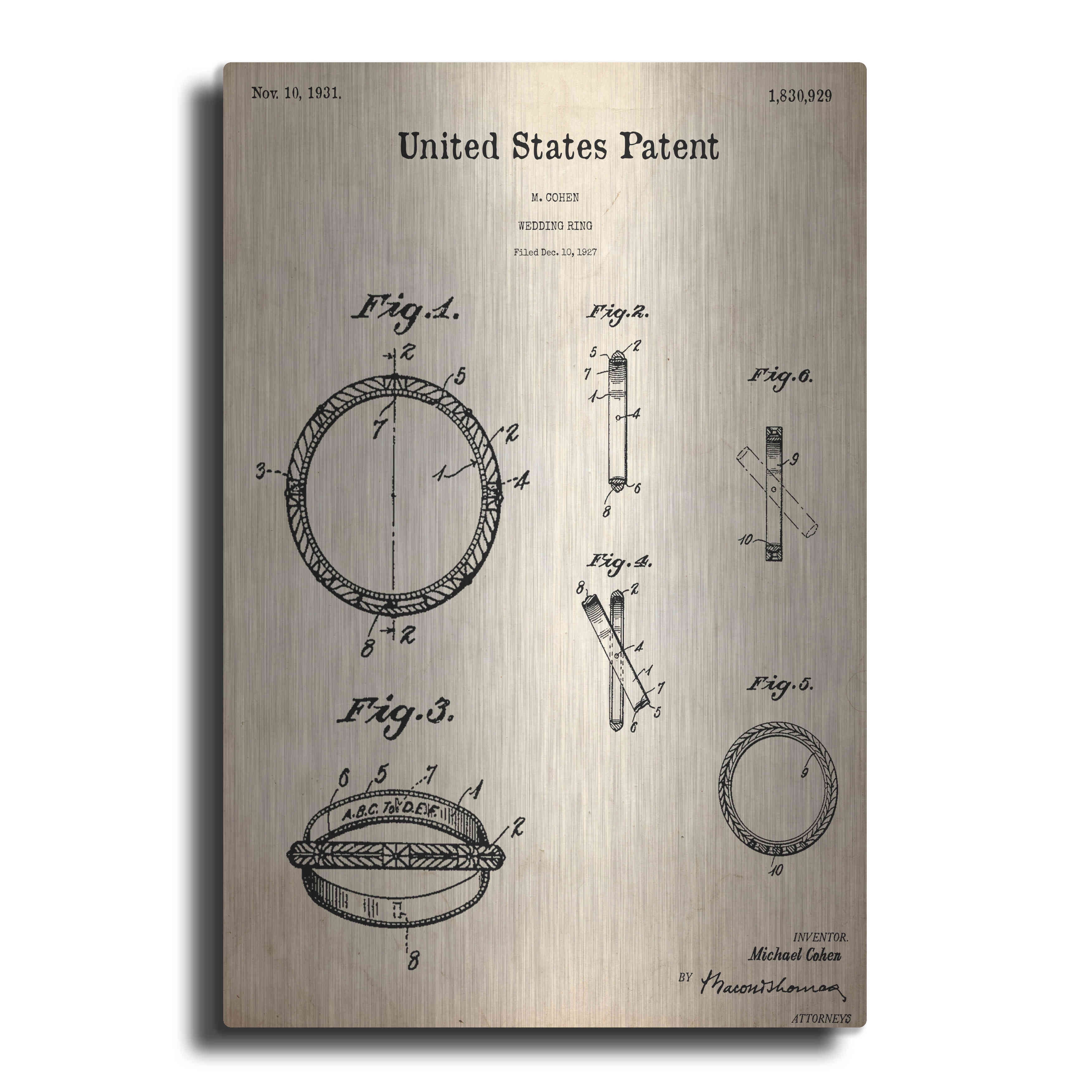 Luxe Metal Art 'Wedding Ring Blueprint Patent Parchment,' Metal Wall ...