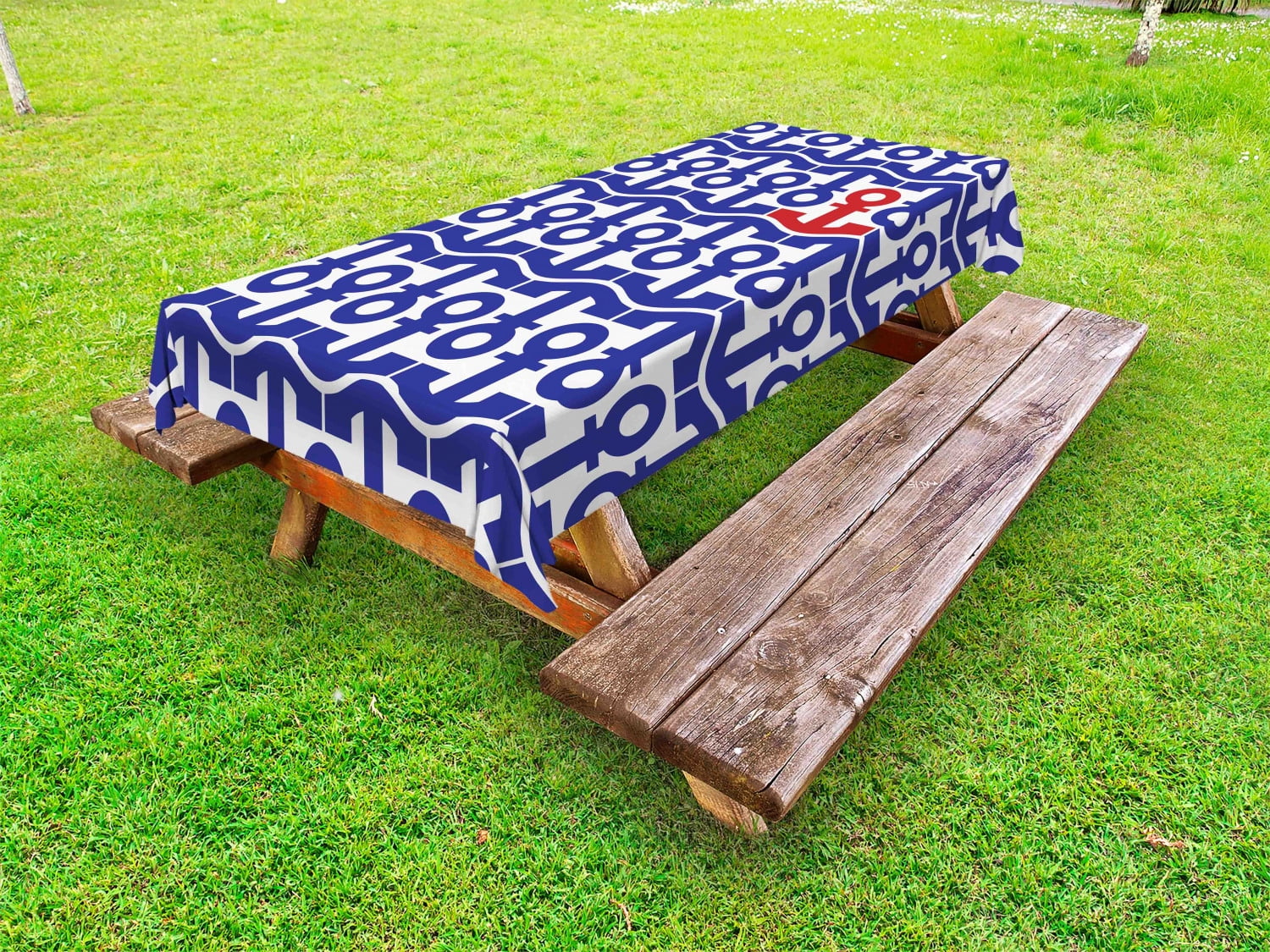 Nautical Outdoor Tablecloth, Stylized Marine Anchors Motif Ship Journey ...