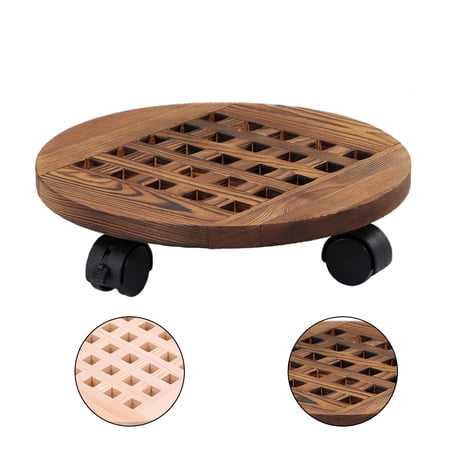 Wood Plant Stand Round Rolling Tray with Rotating Wheels Indoor Outdoor ...
