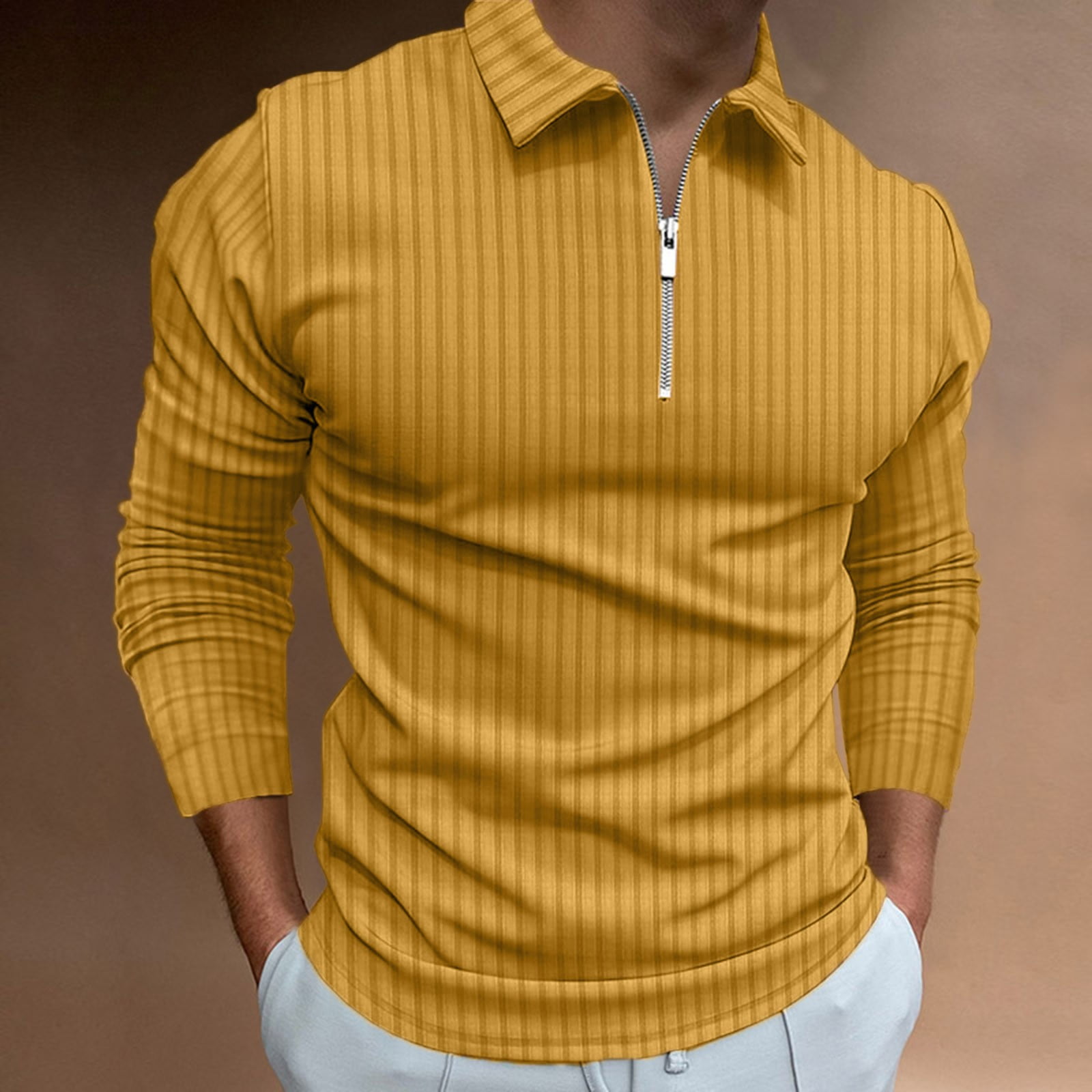 Gold Mens Dress Shirts Male Casual Autumn Striped Fabric T Shirt Zipper