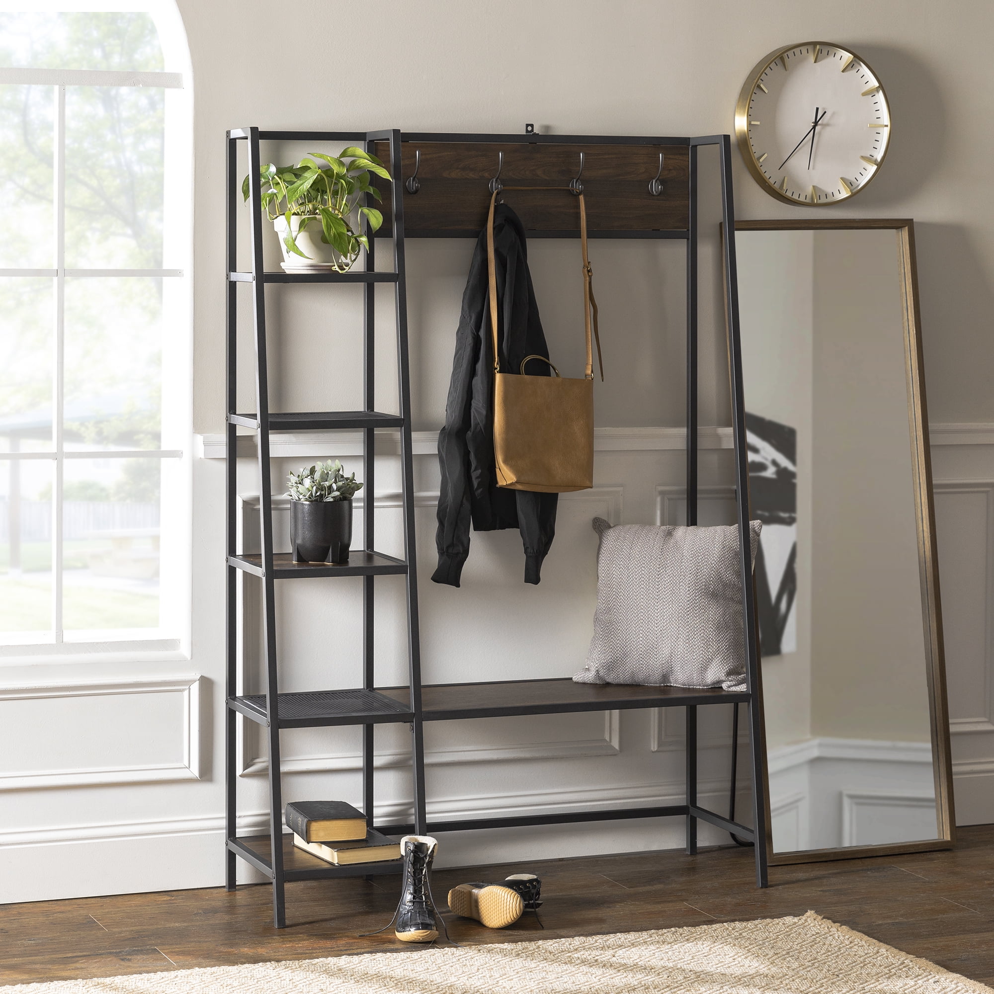 Woven Paths Modern Hall Tree with Bench and 5 Shelves, Dark Walnut ...