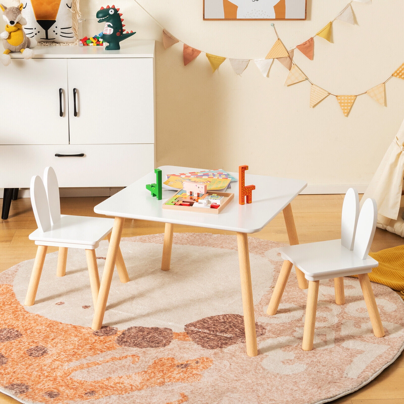 Exdeerjoy 3 Pieces Kids Table & Chairs Set Children Wooden Furniture ...
