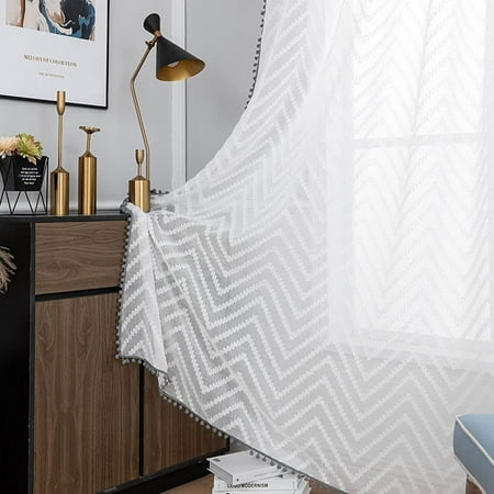 Farmhouse Wave Tufted Sheer Curtains with Grey Pom Poms Voile Rod ...