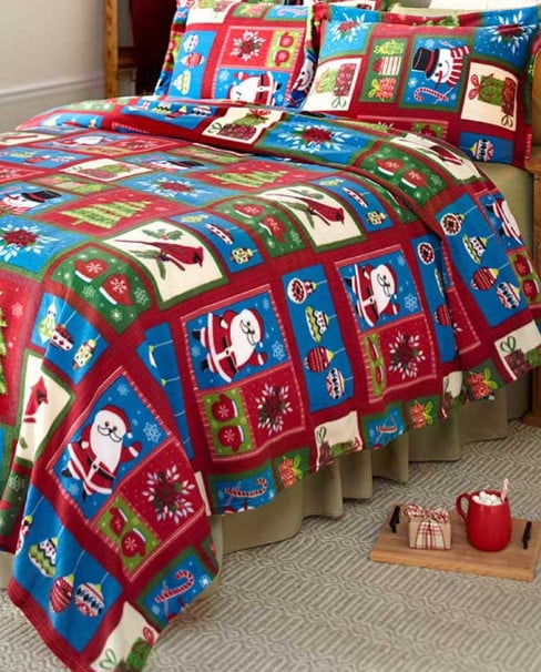 Christmas Trees Santa Claus Snowman Holiday Full / Queen Quilt Coverlet ...
